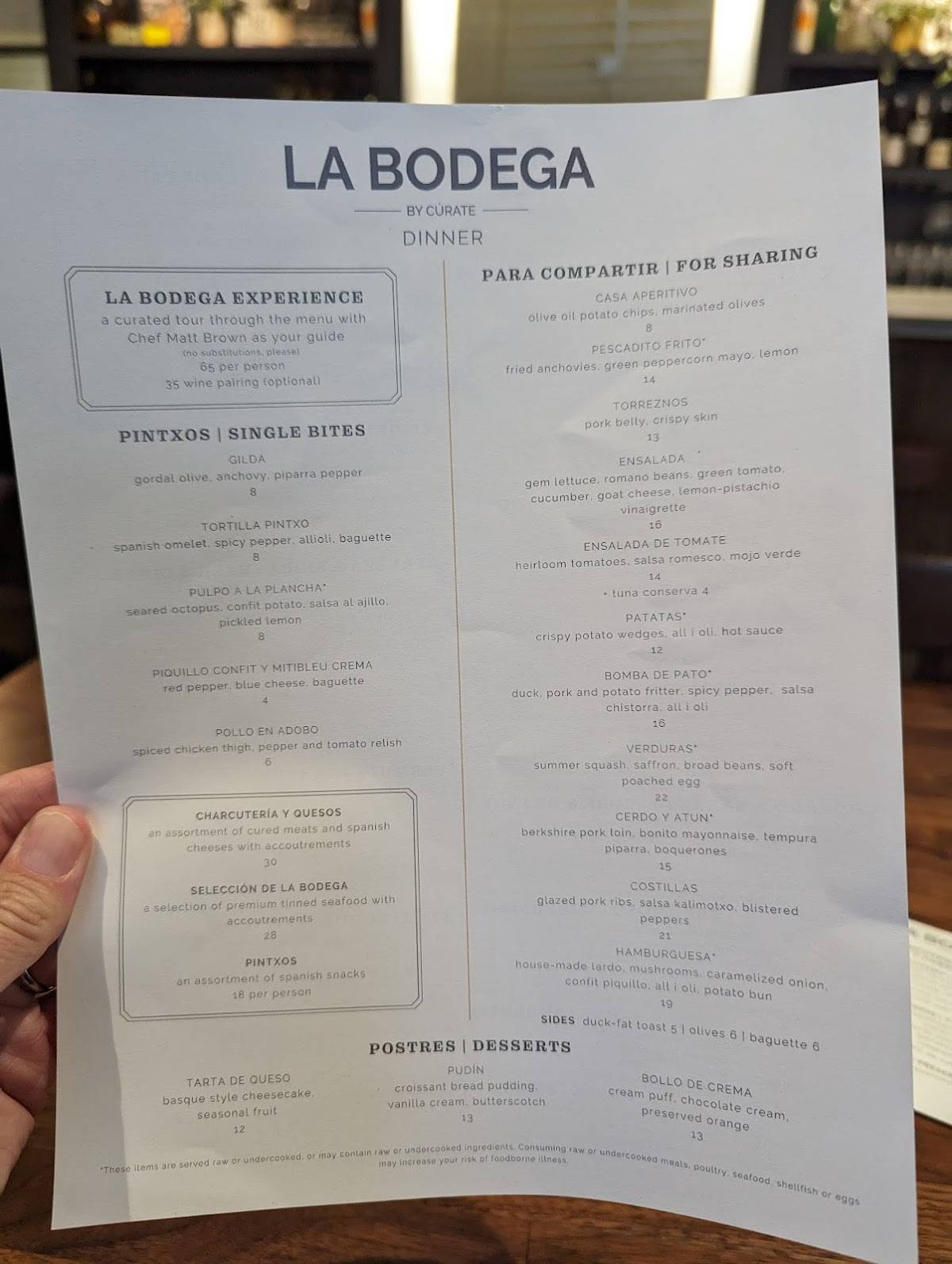 Menu at La Bodega by Cúrate restaurant, Asheville