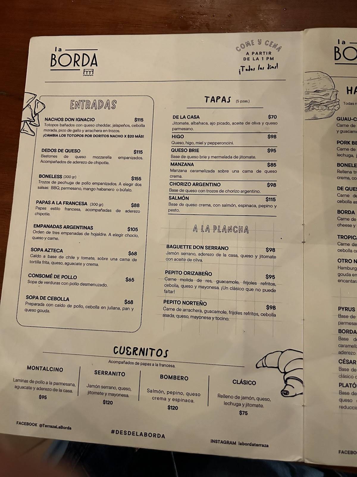 Carta del restaurante La Borda, Orizaba