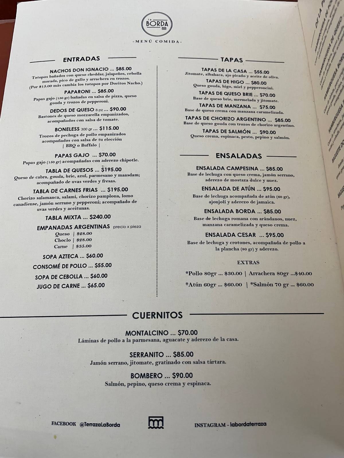Carta del restaurante La Borda, Orizaba