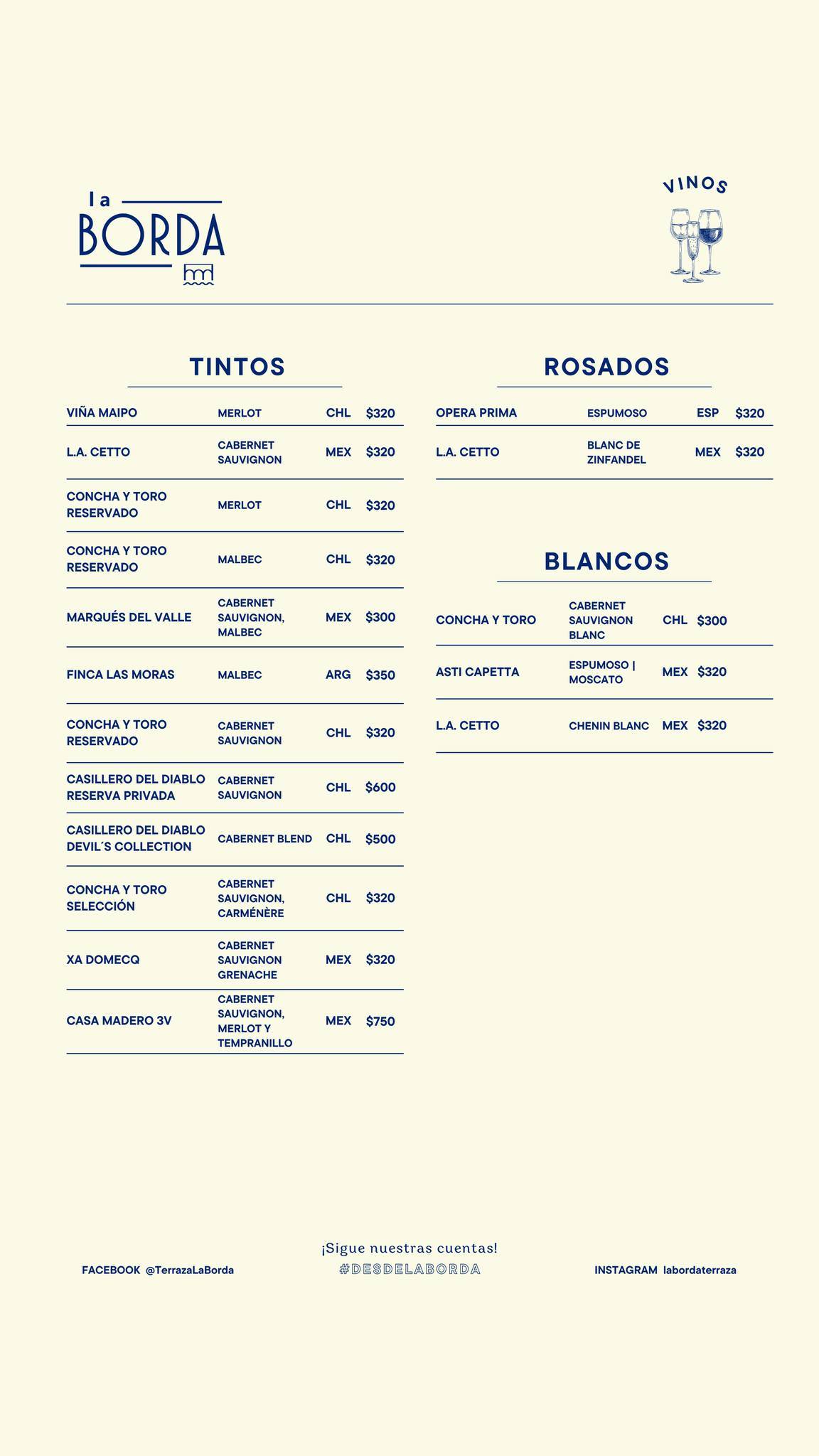 Carta del restaurante La Borda, Orizaba