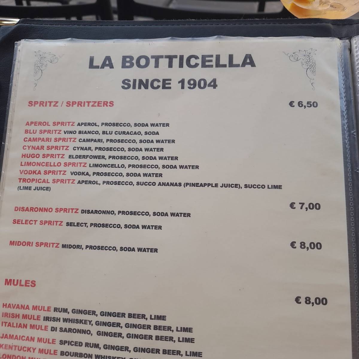 Menu at La Botticella of Poggi Giovanni pub & bar, Rome, Via di Tor Millina