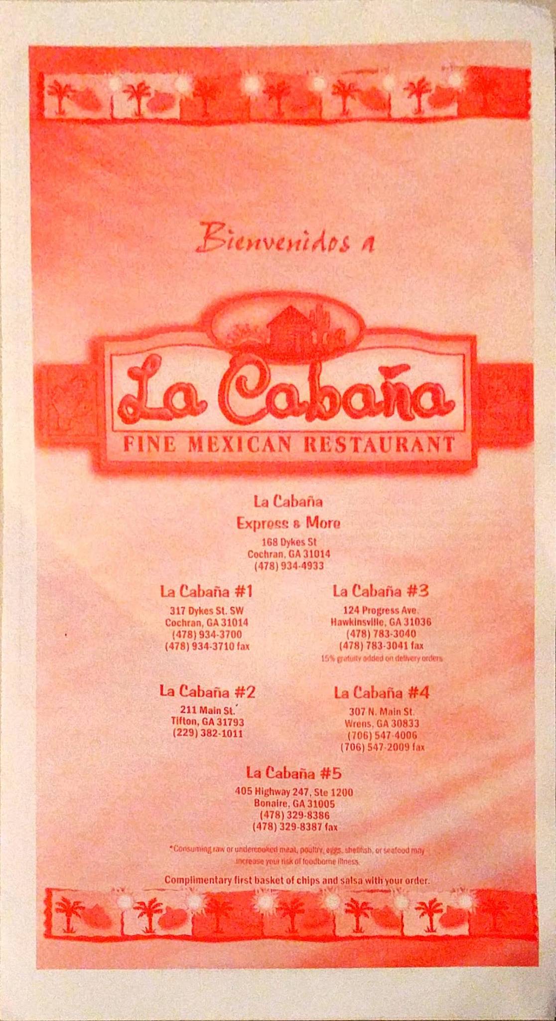 Menu at La Cabana Mexican Restaurant, Warner Robins