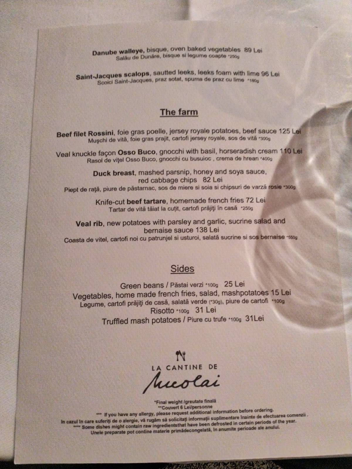 Menu at La Cantine de Nicolai, Bucharest