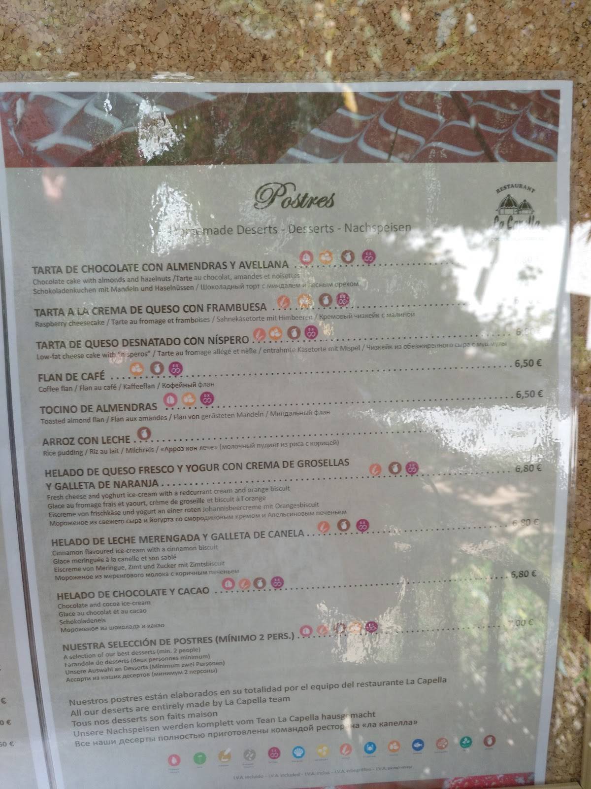 Carta del restaurante La Capella, Altea