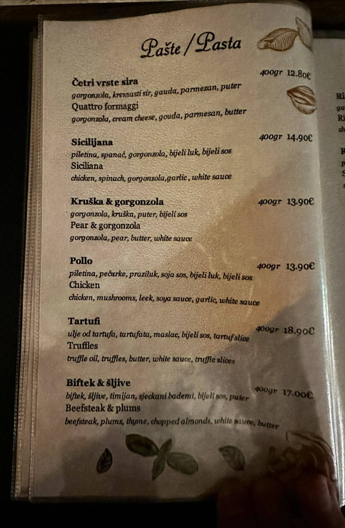 Menu au La Catedral Pasta Bar, Kotor