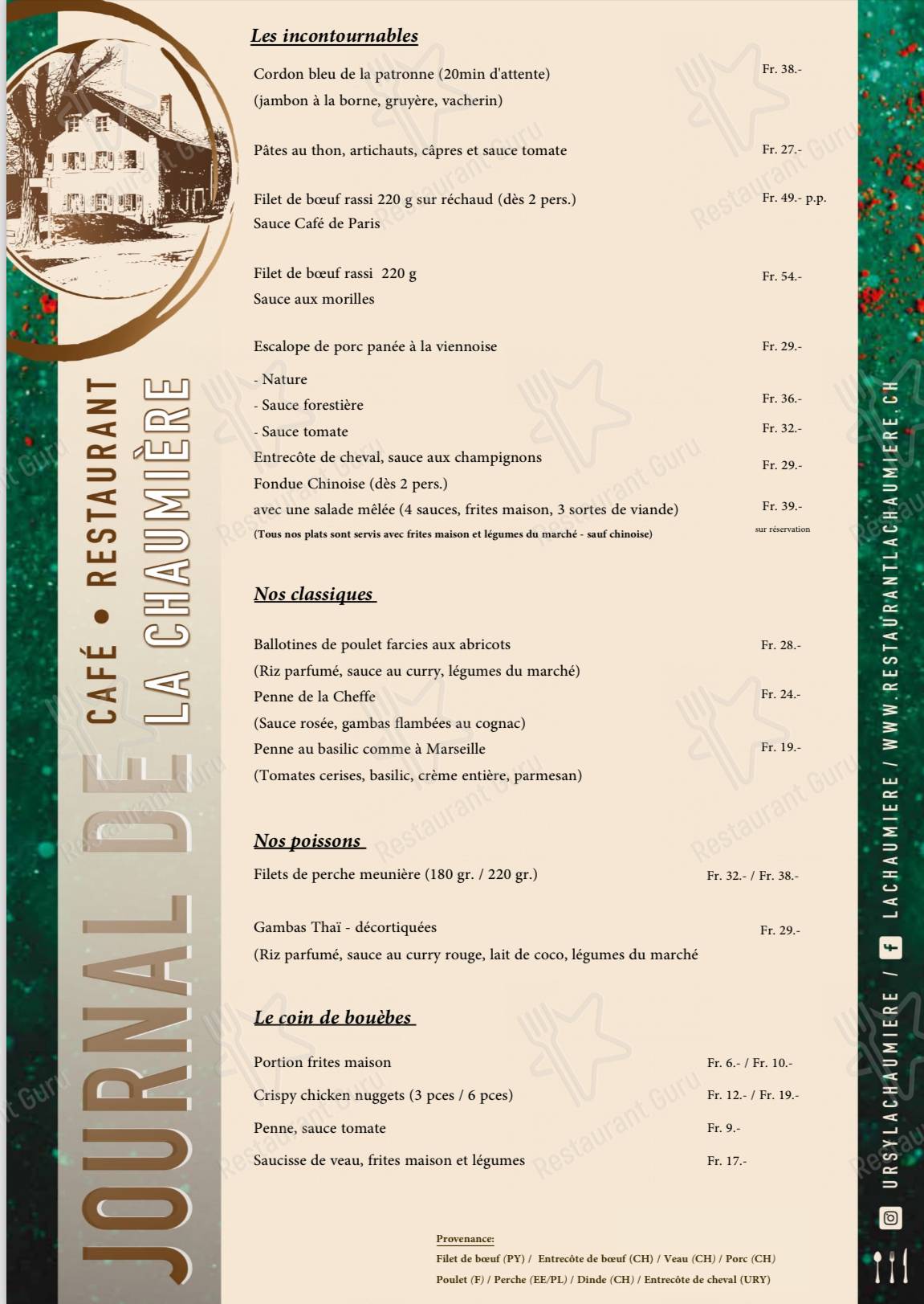 Menu au La Chaumière, Ursy