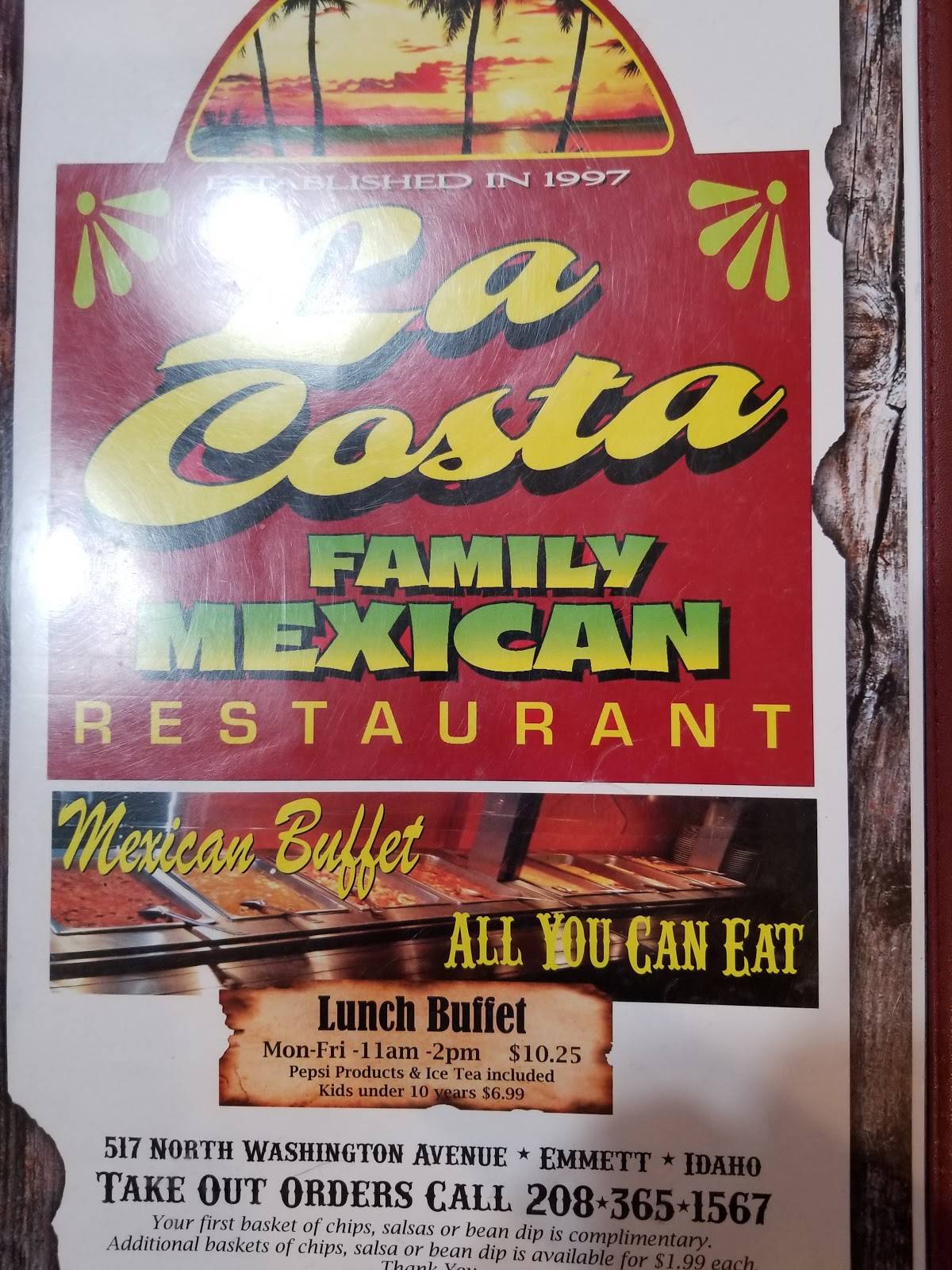 Menu at La Costa restaurant, Emmett