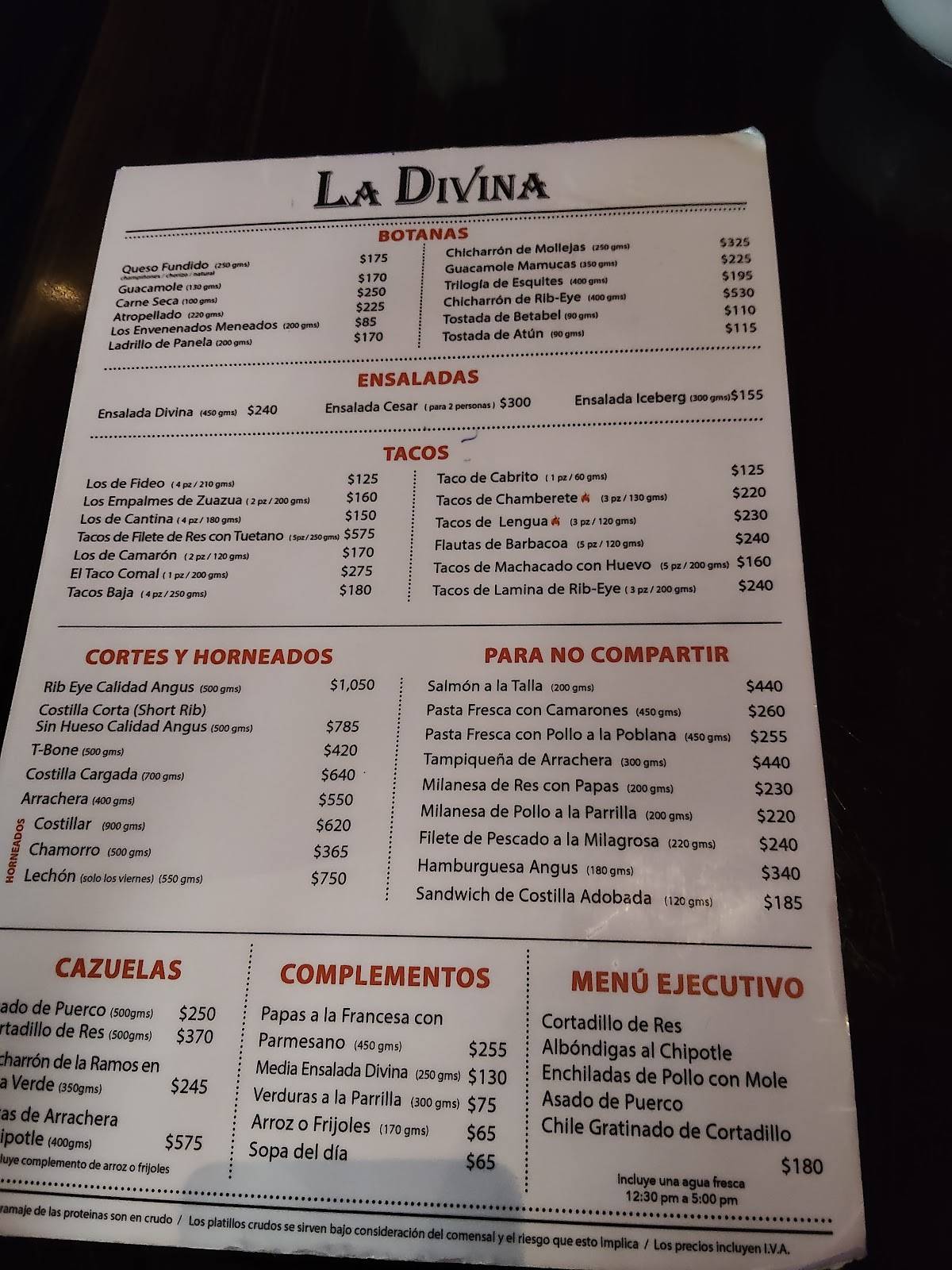 Carta del restaurante La Divina, Monterrey, C. Diego del Montemayor 507 Sur