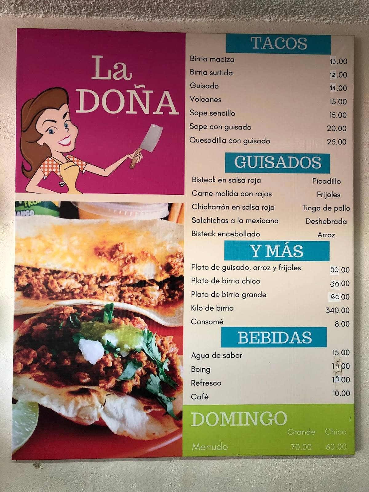 Carta del restaurante La Doña Birria, Morelia