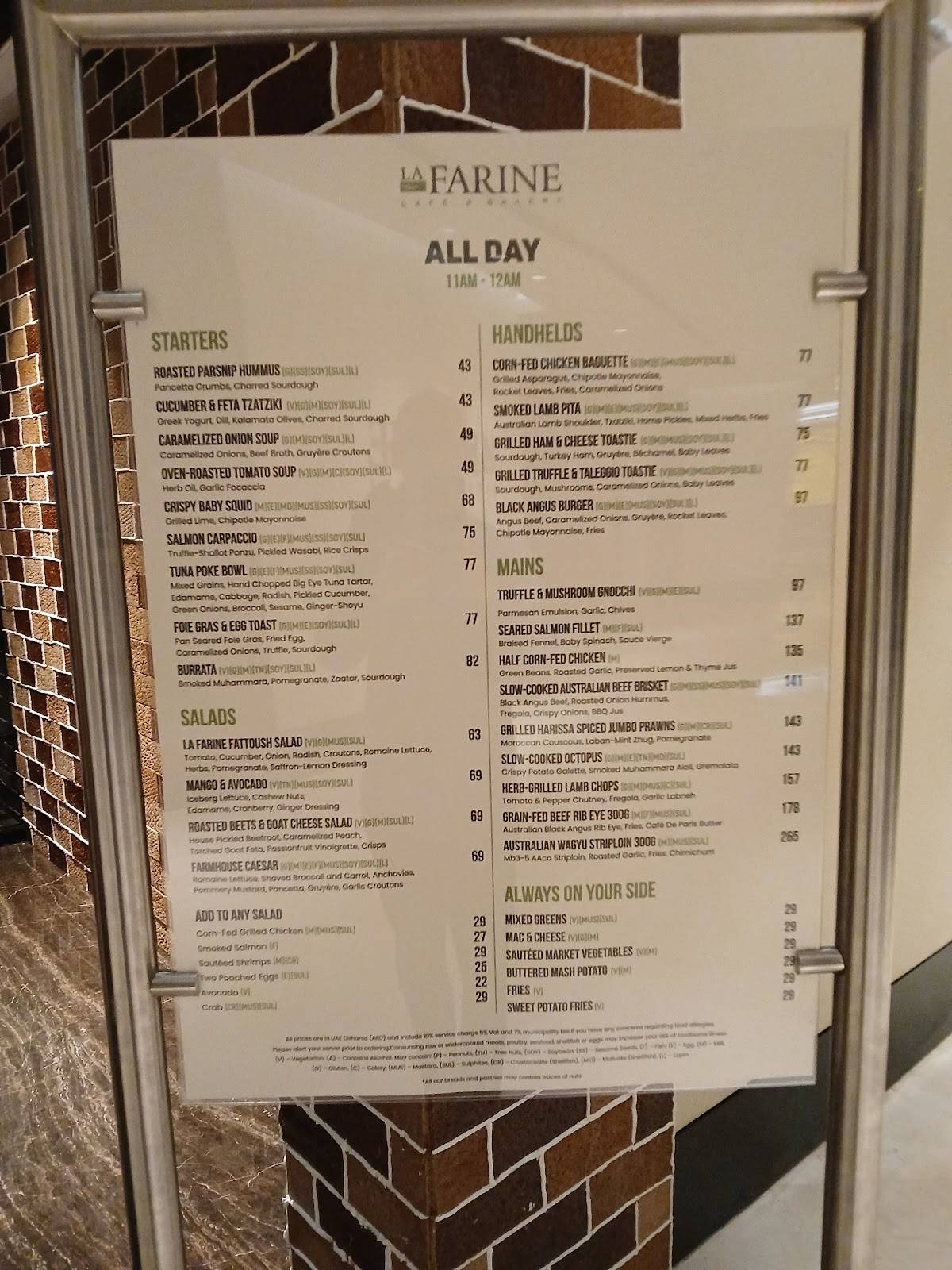 Menu at La Farine restaurant, Dubai