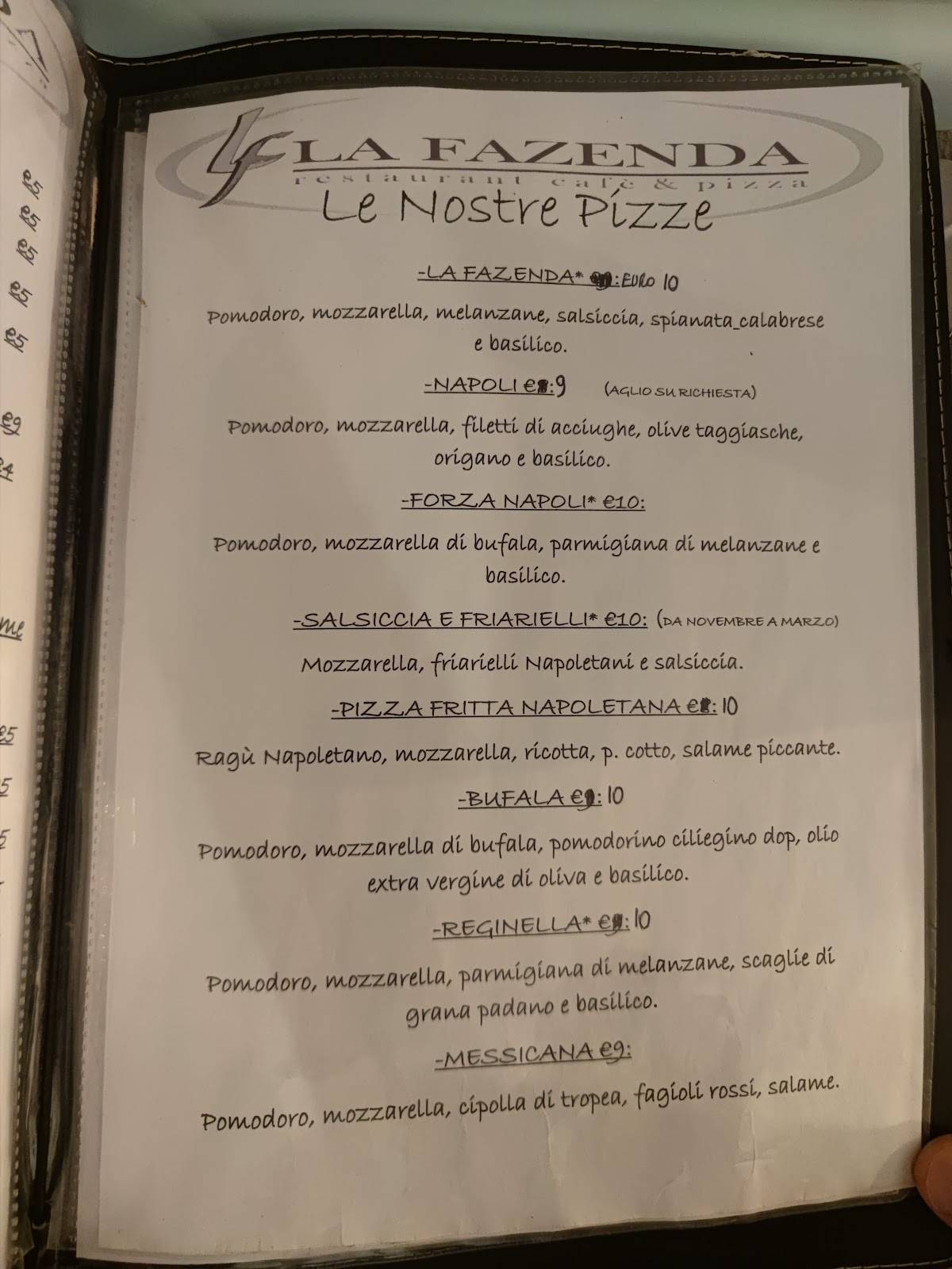 Menu da La Fazenda ristorante, Camporosso