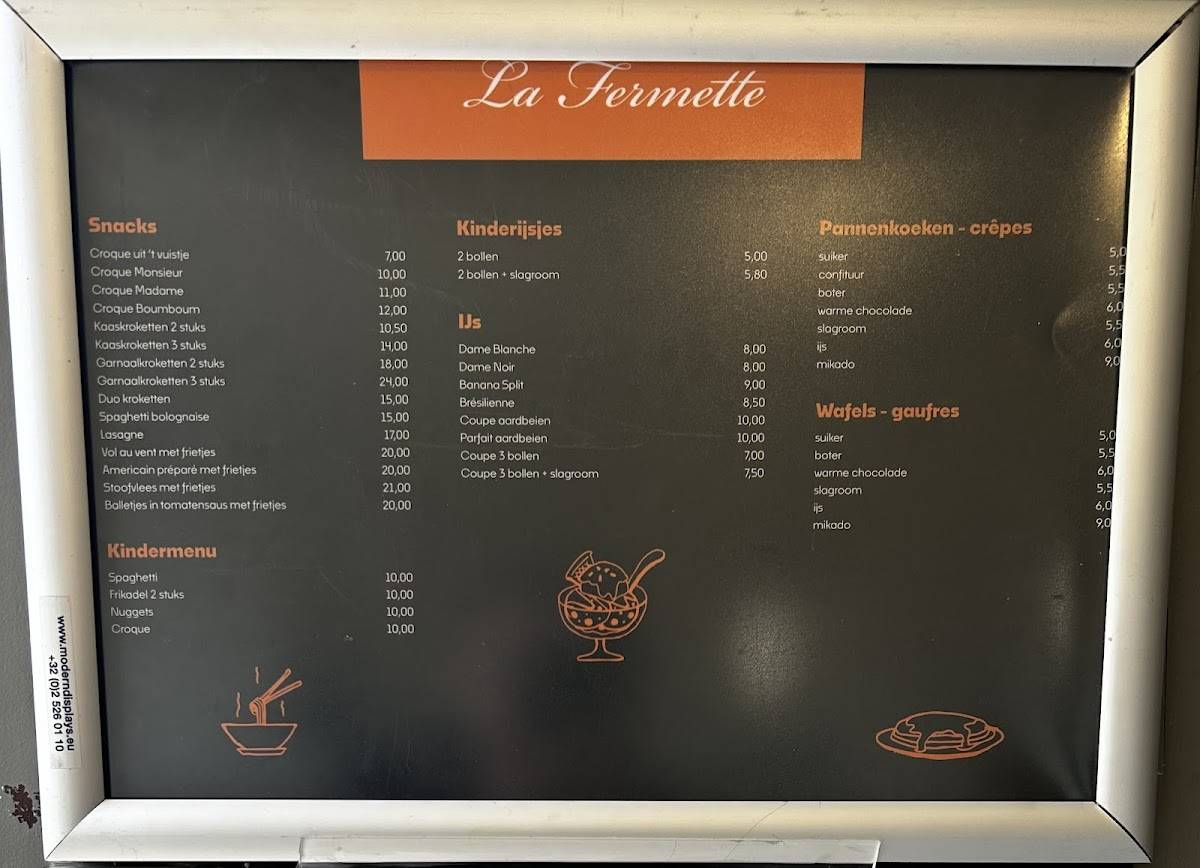 Menu at La Fermette Adinkerke, De Panne