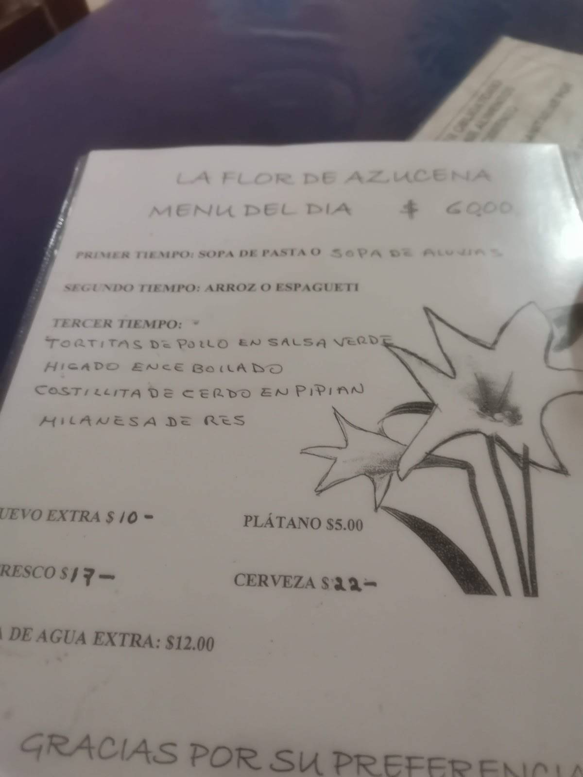 Carta del restaurante La Flor del Azucena, Naucalpan del Juárez, Miguel ...