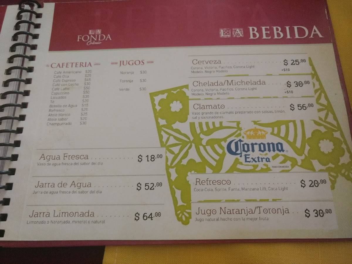 Carta del restaurante La Fonda del Colosio, Aguascalientes