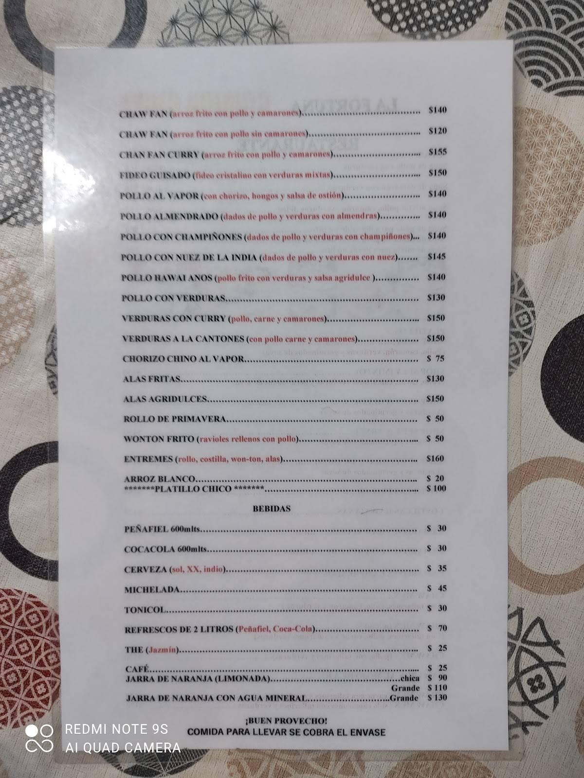 Carta del restaurante La Fortuna, Coatzacoalcos