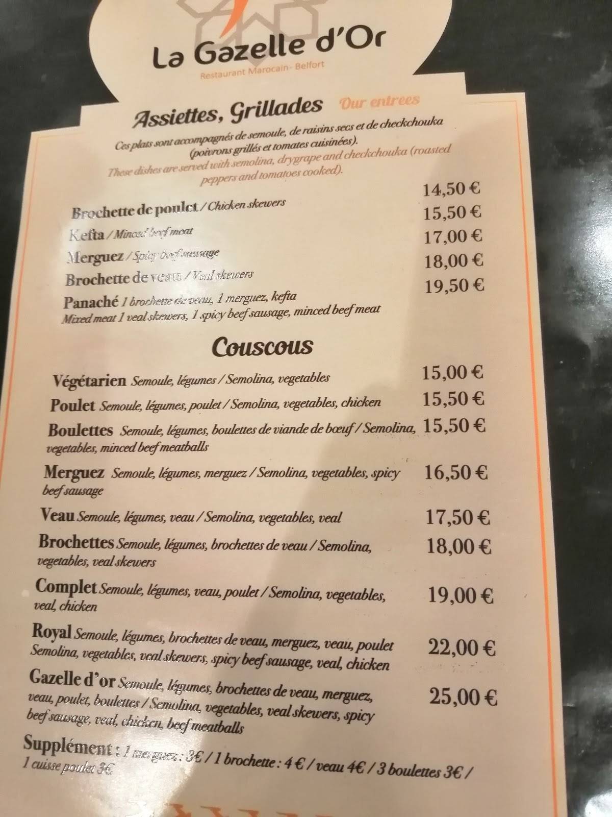 Carta del restaurante La Gazelle d'Or, Belfort