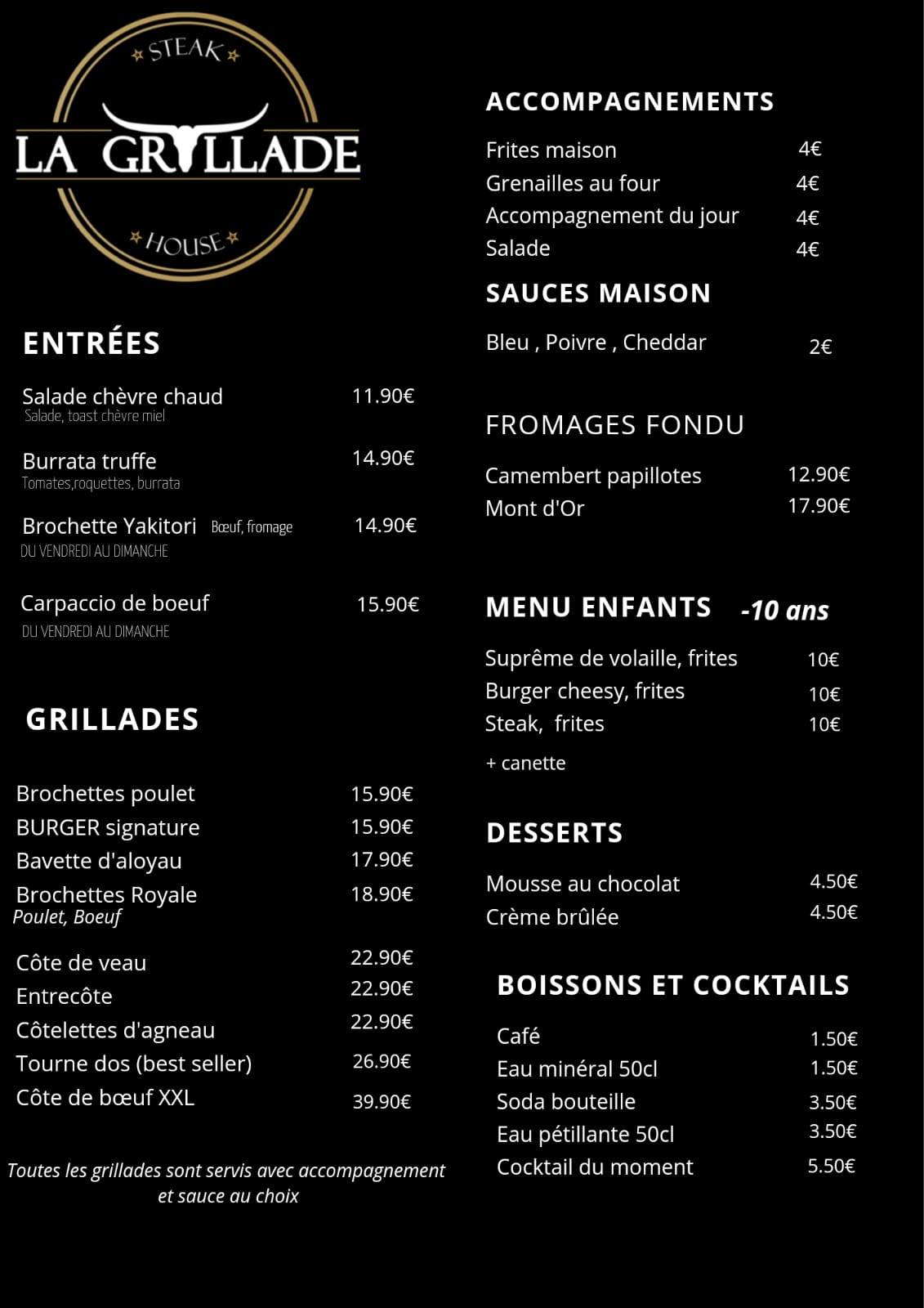 Menu au La Grillade-steakhouse, Grenoble