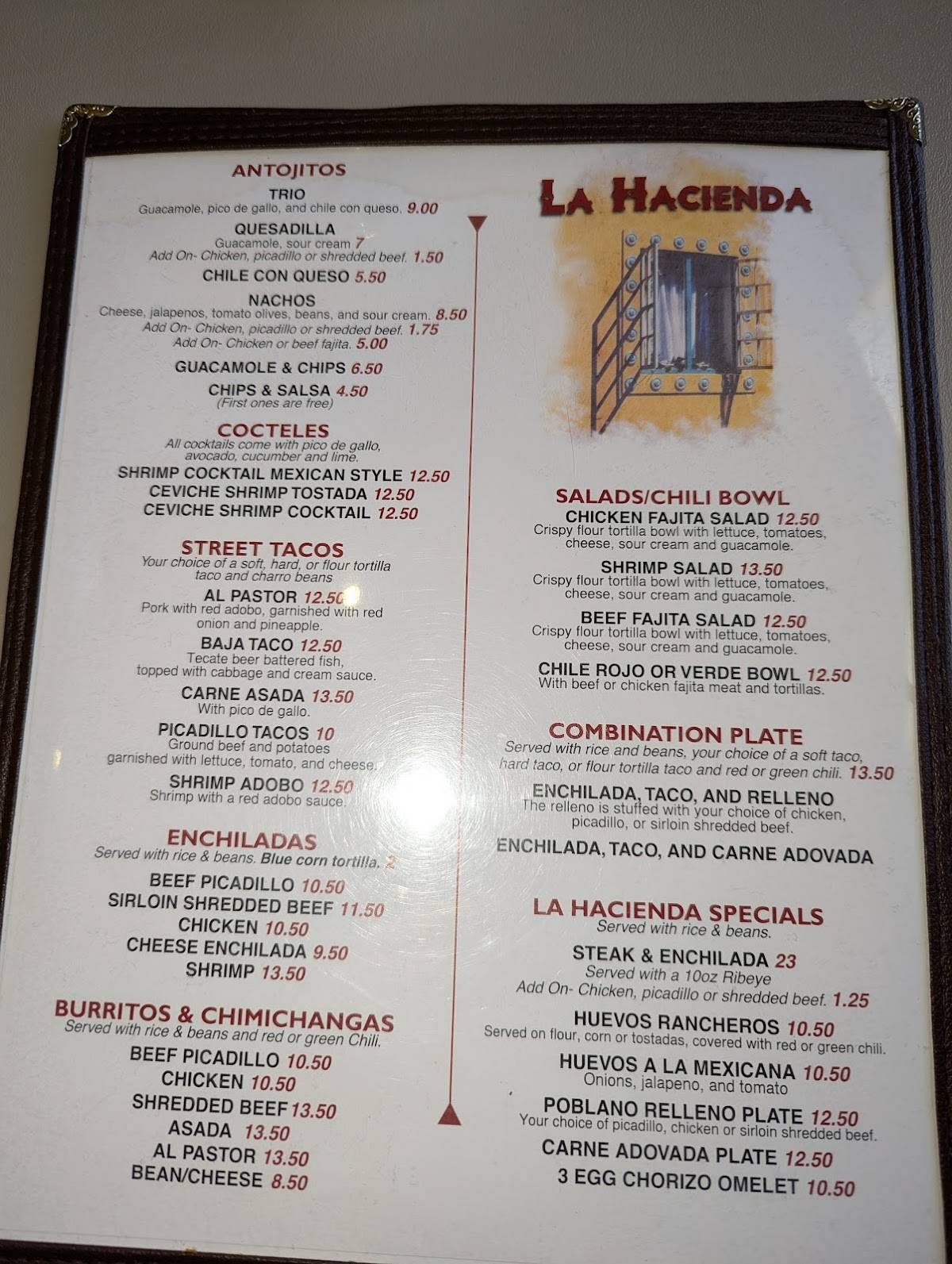 Menu at La Hacienda steakhouse, Moriarty, 5 Carl Cannon Ranch Rd