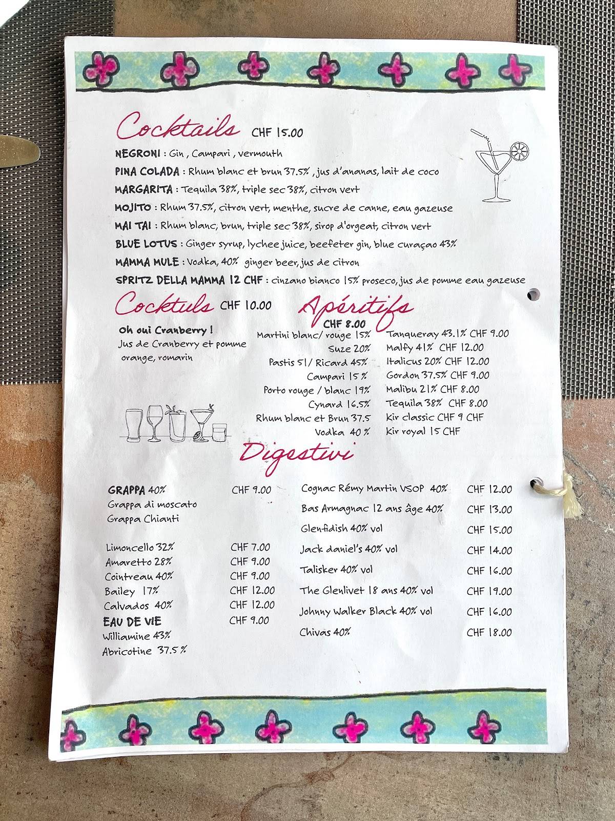 Menu au La Mamma Osteria, Lausanne