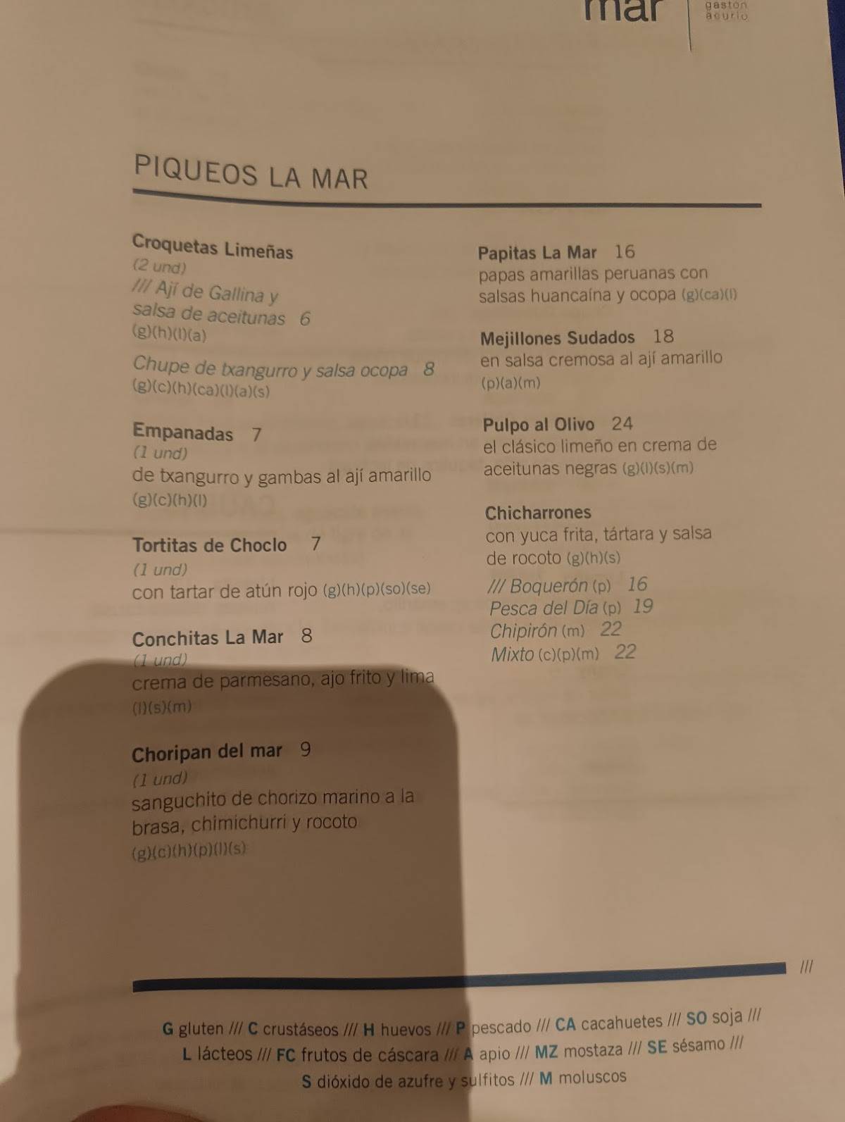 Menu at La Mar Madrid by Gastón Acurio restaurant, Madrid