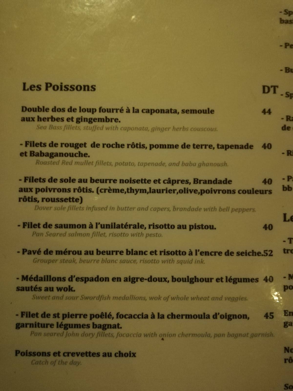 Menu au The Cliff restaurant, Marsa, R. Sidi Dhrif