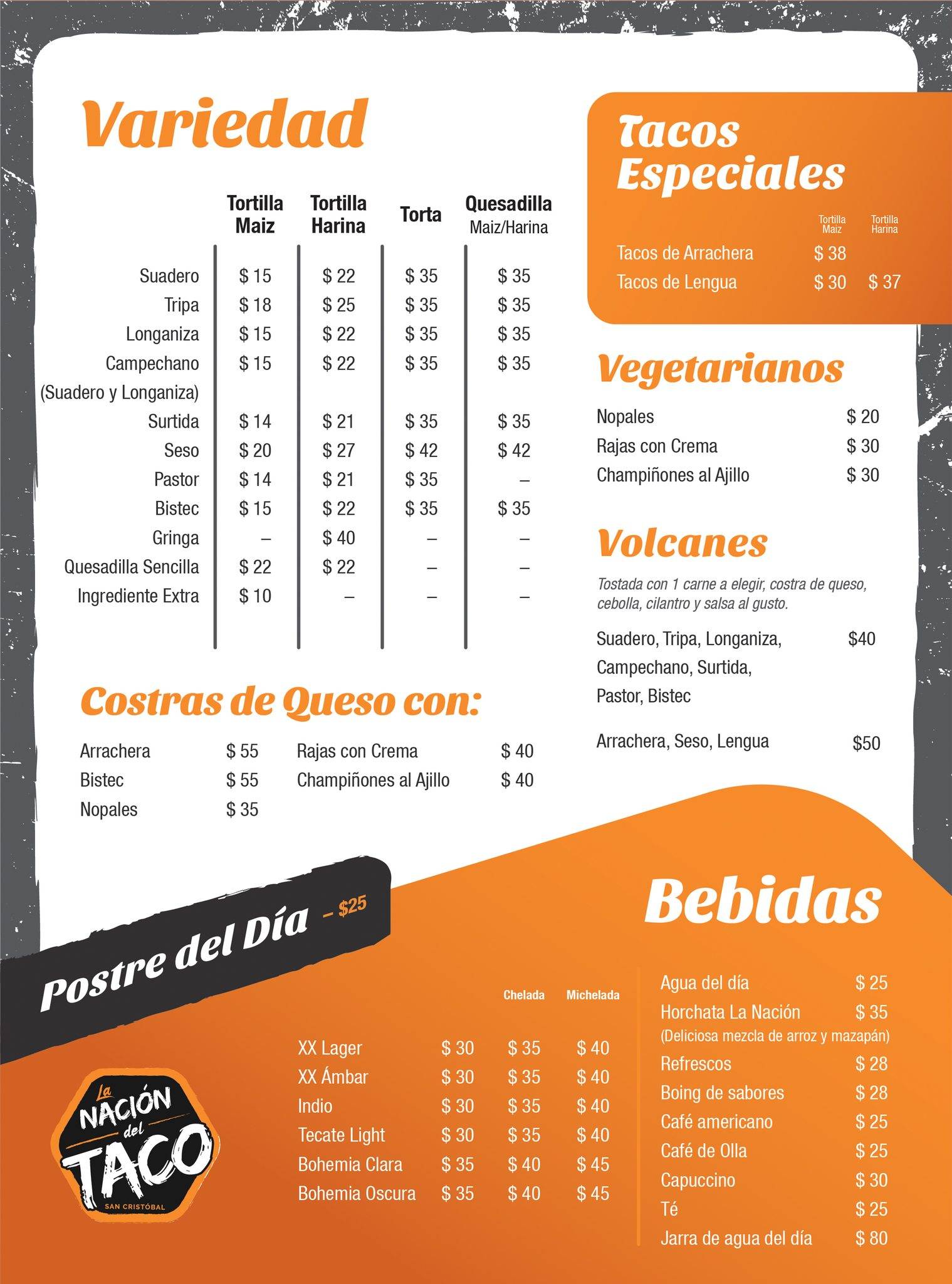 Carta del restaurante La Nación del Taco, San Cristóbal del las Casas