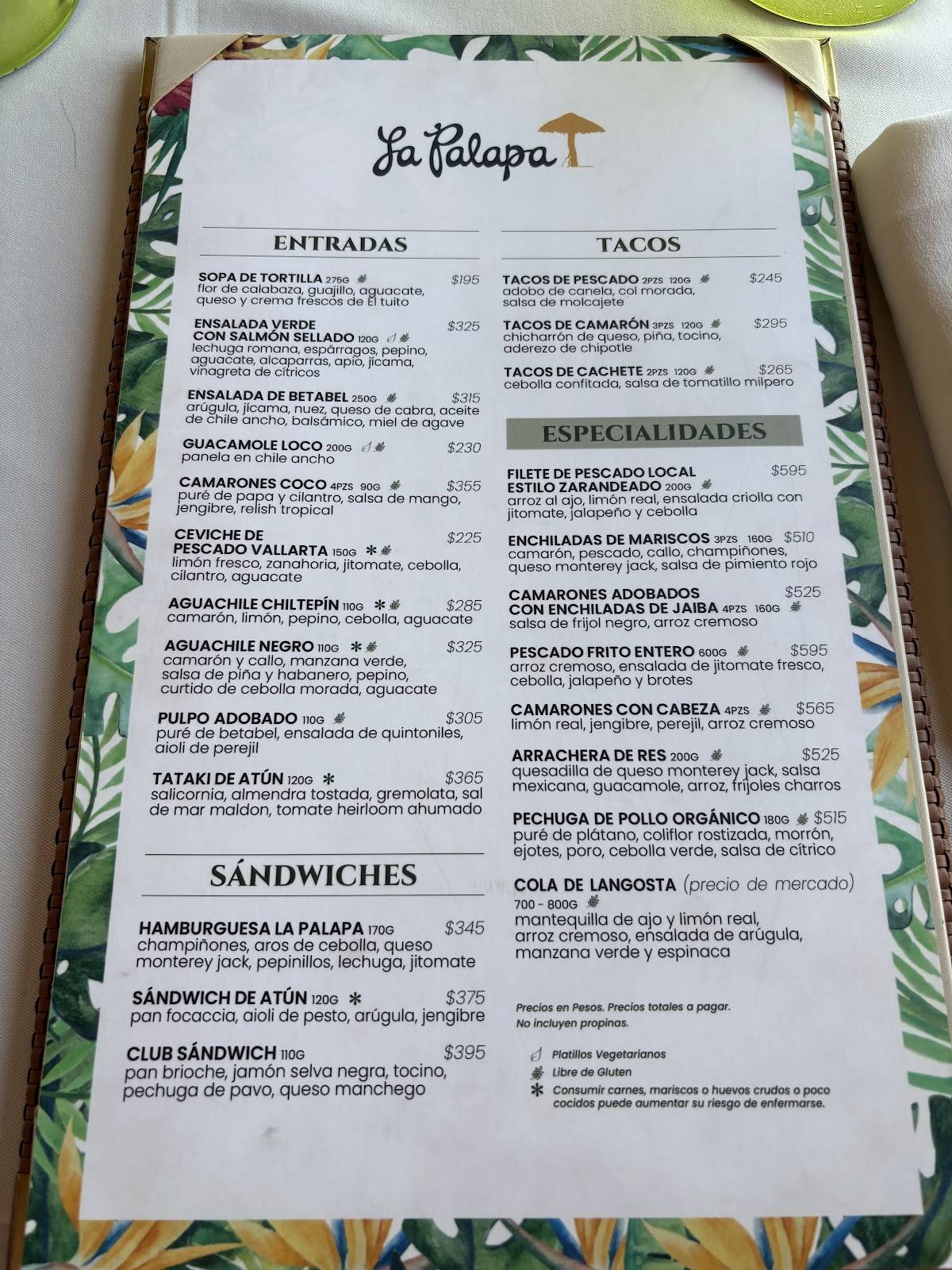 Menu at La Palapa Restaurant, Puerto Vallarta, Púlpito 105-3