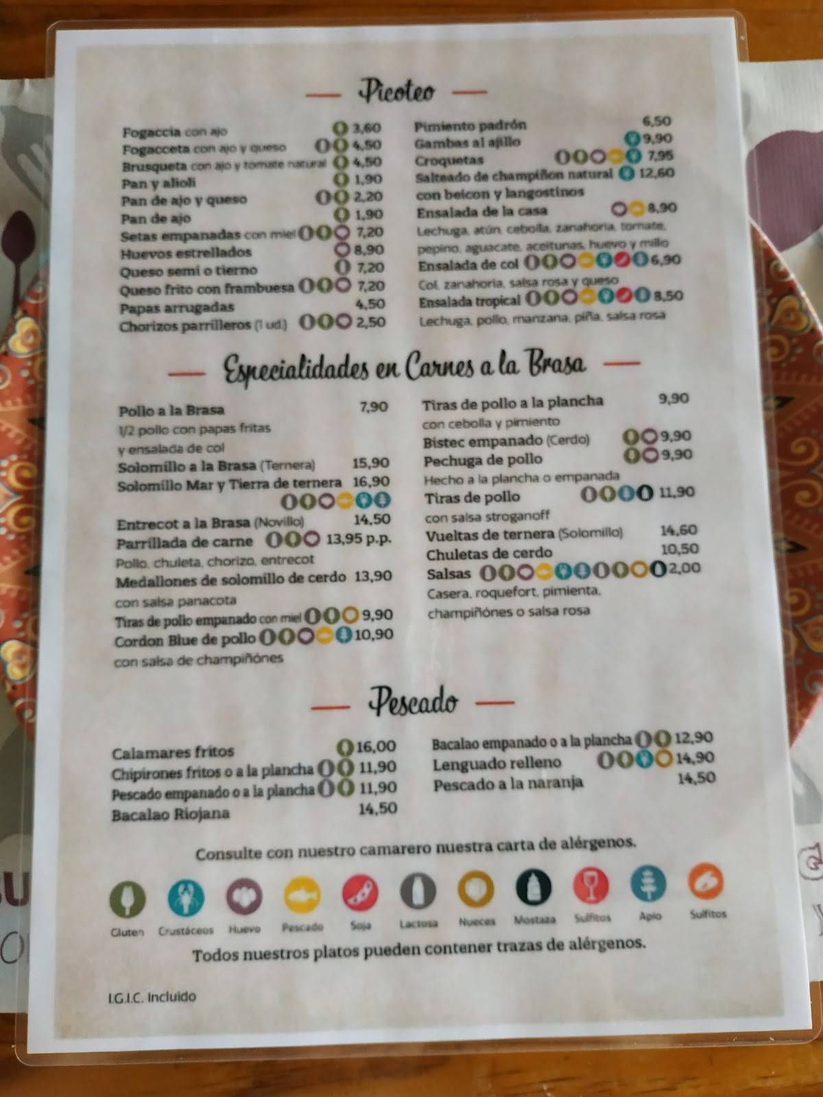 Carta de Restaurante La Panacota, Telde