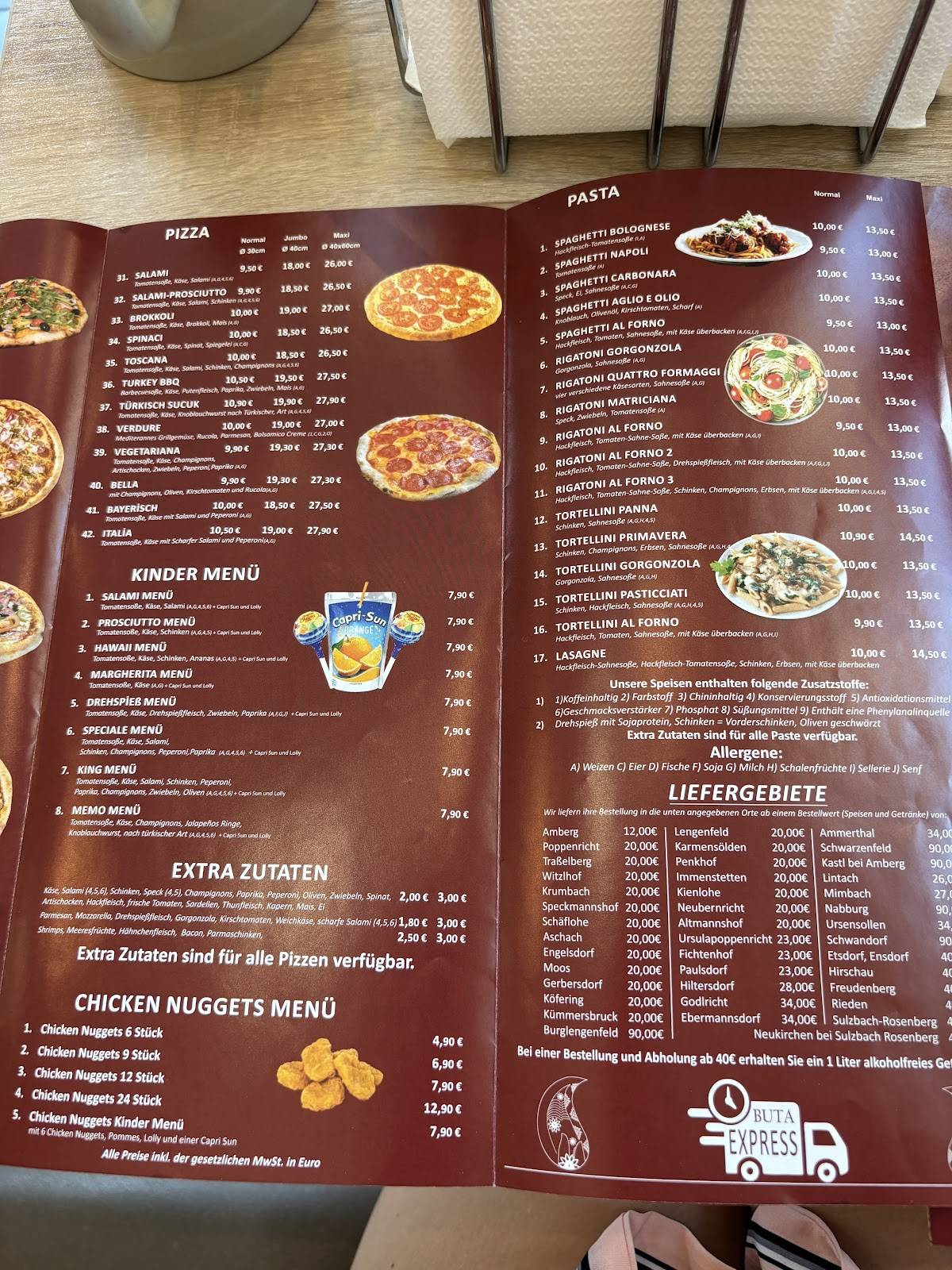 Speisekarte von La Pastaria restaurant, Amberg