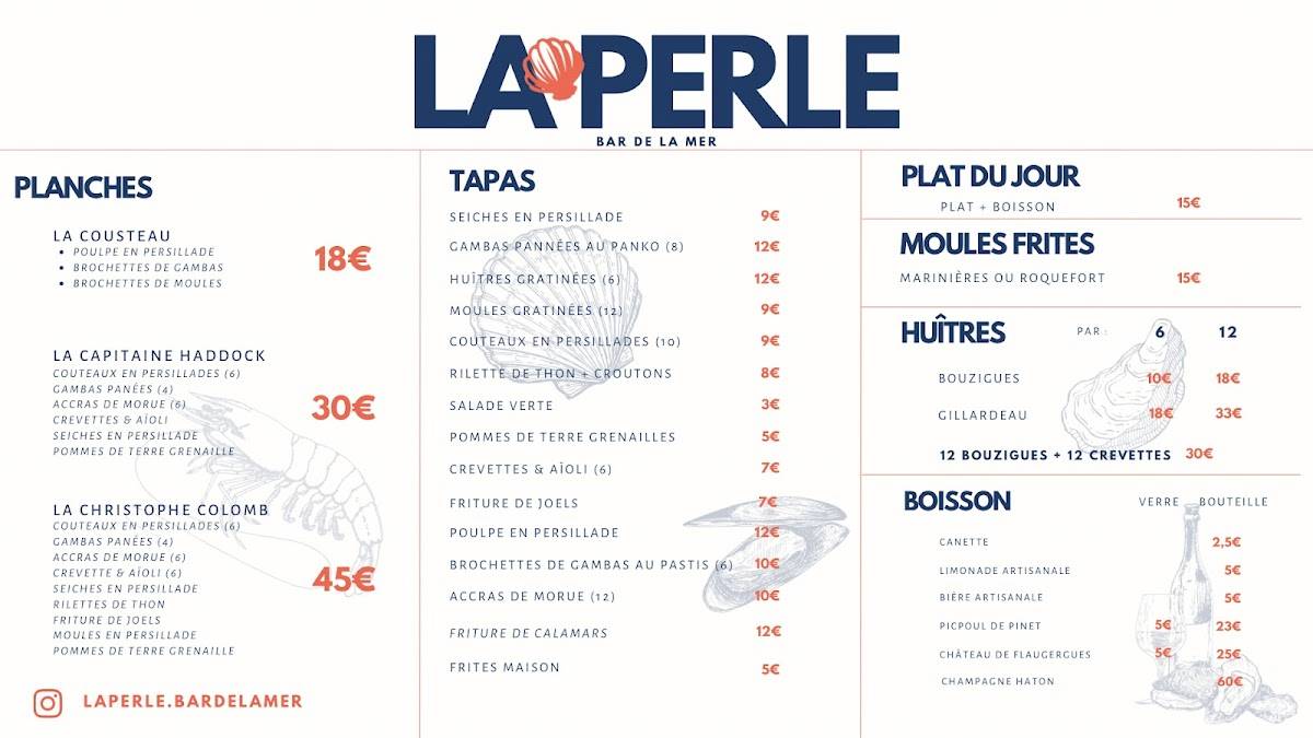 Menu at La Perle Bar a huitres et délices de la mer, Jacou
