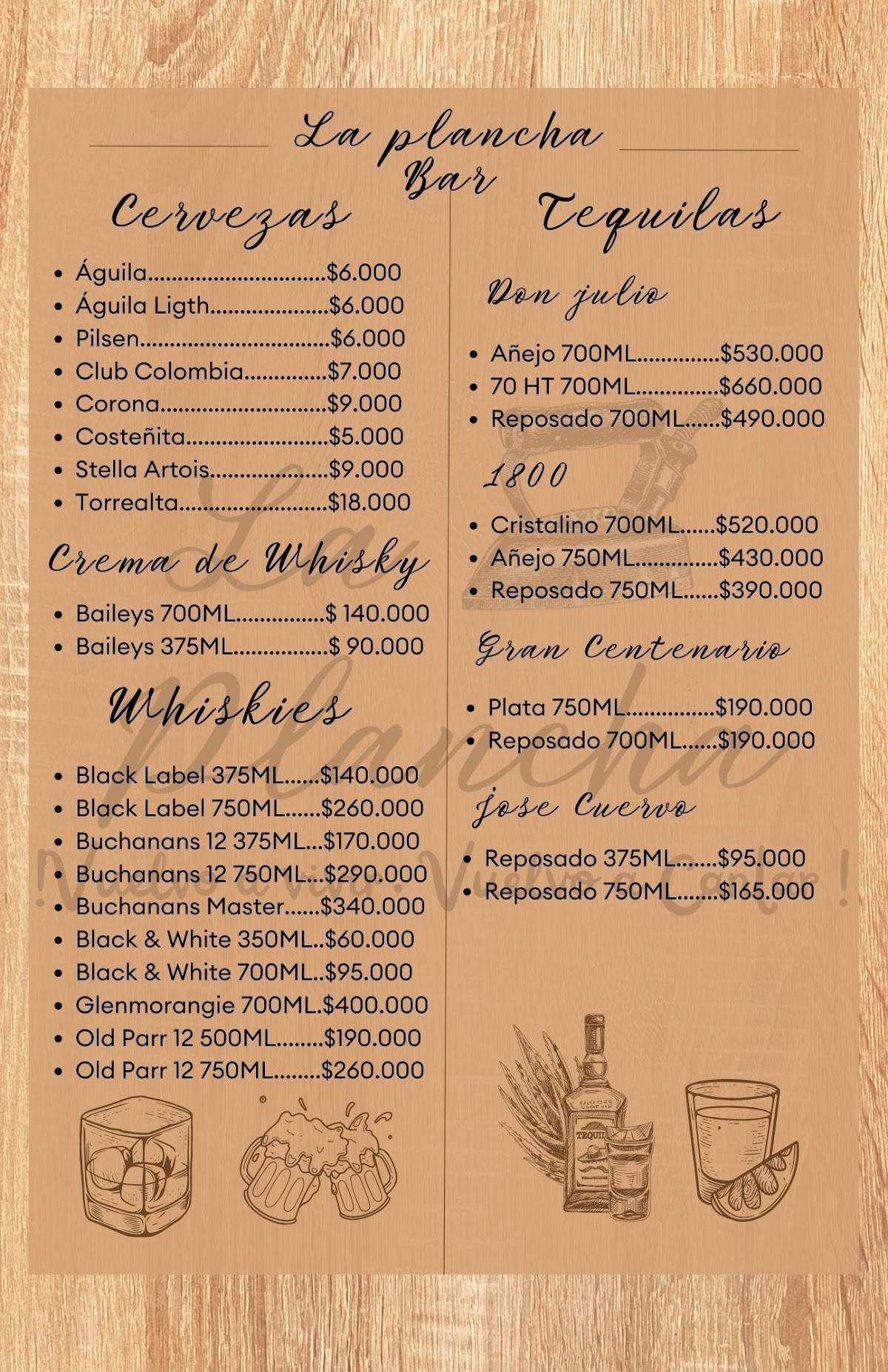 Carta de La Plancha Bar, Retiro