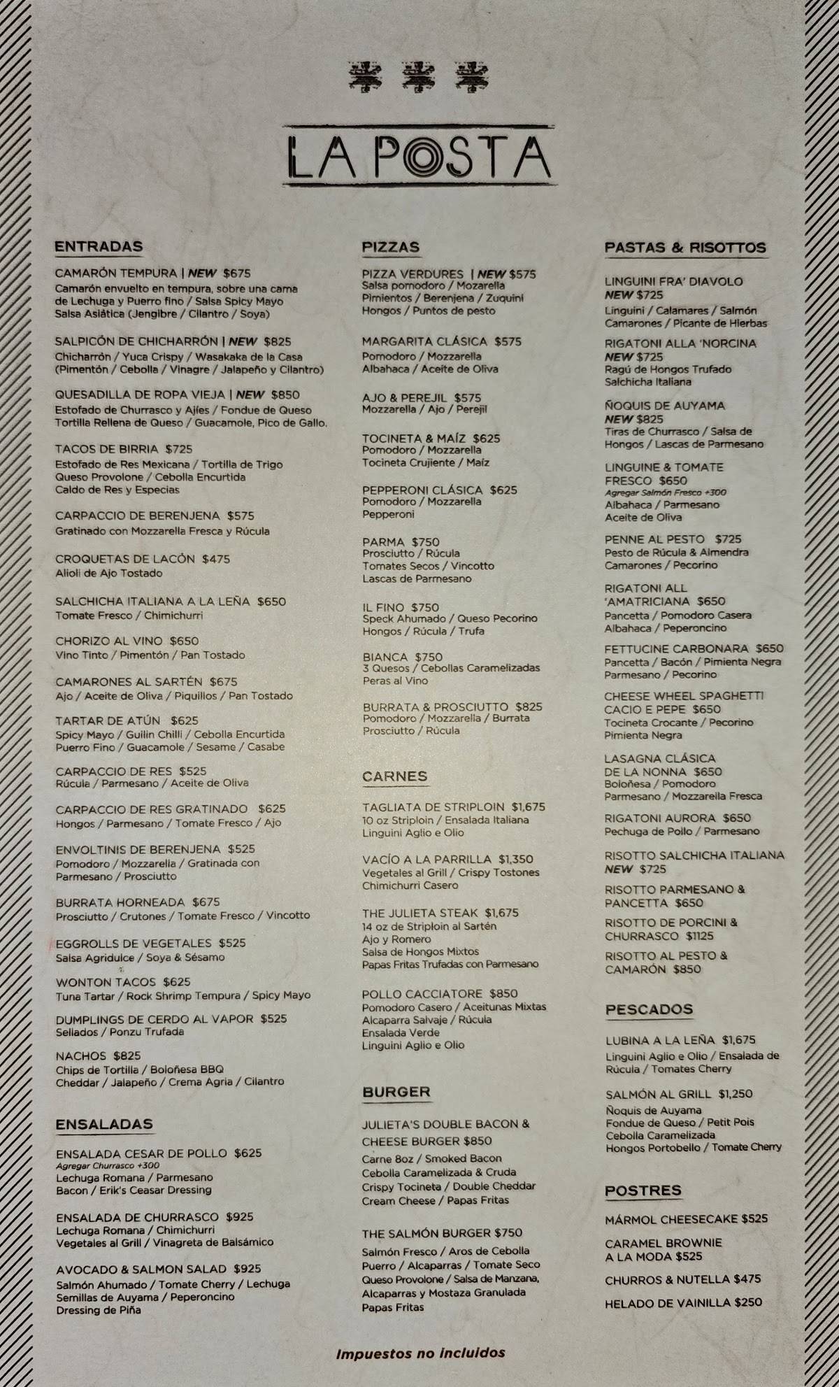 Menu at La Posta Bar, Santo Domingo, F3F6+357
