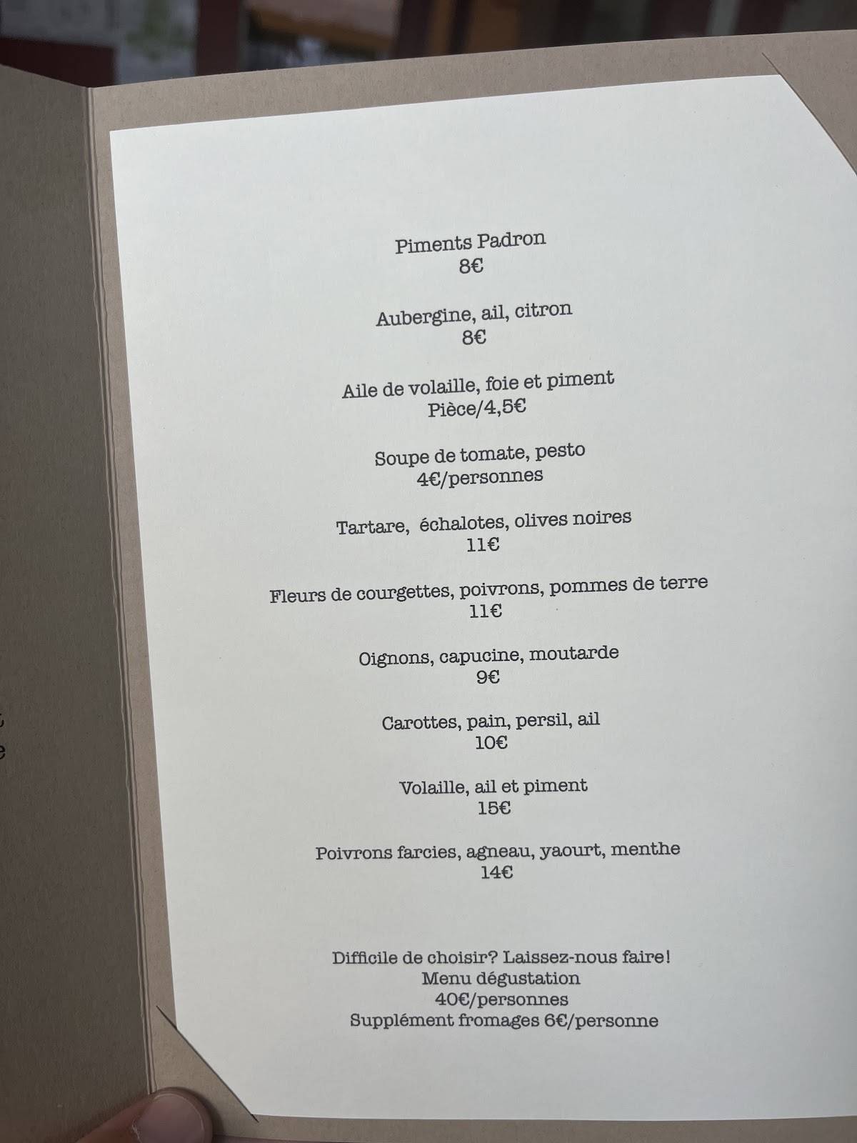 Menu au La Récré, Les Vans restaurant, Les Vans