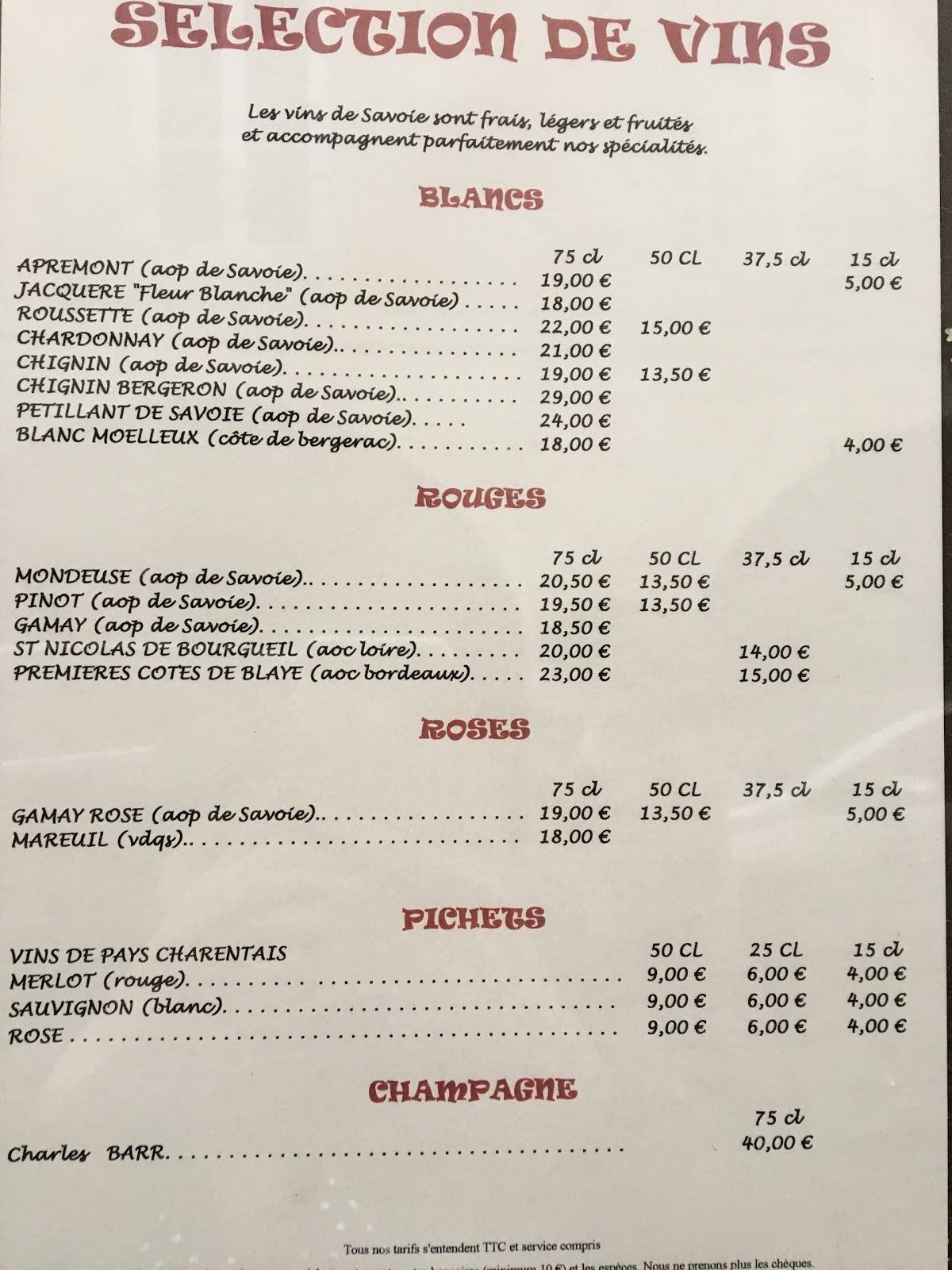 Carta del restaurante La Marmotte, La Rochelle