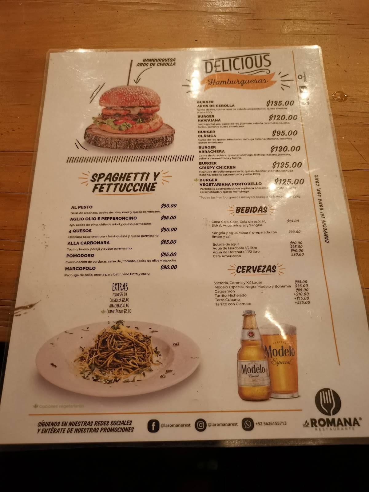 Carta del restaurante La Romana, Ciudad del México