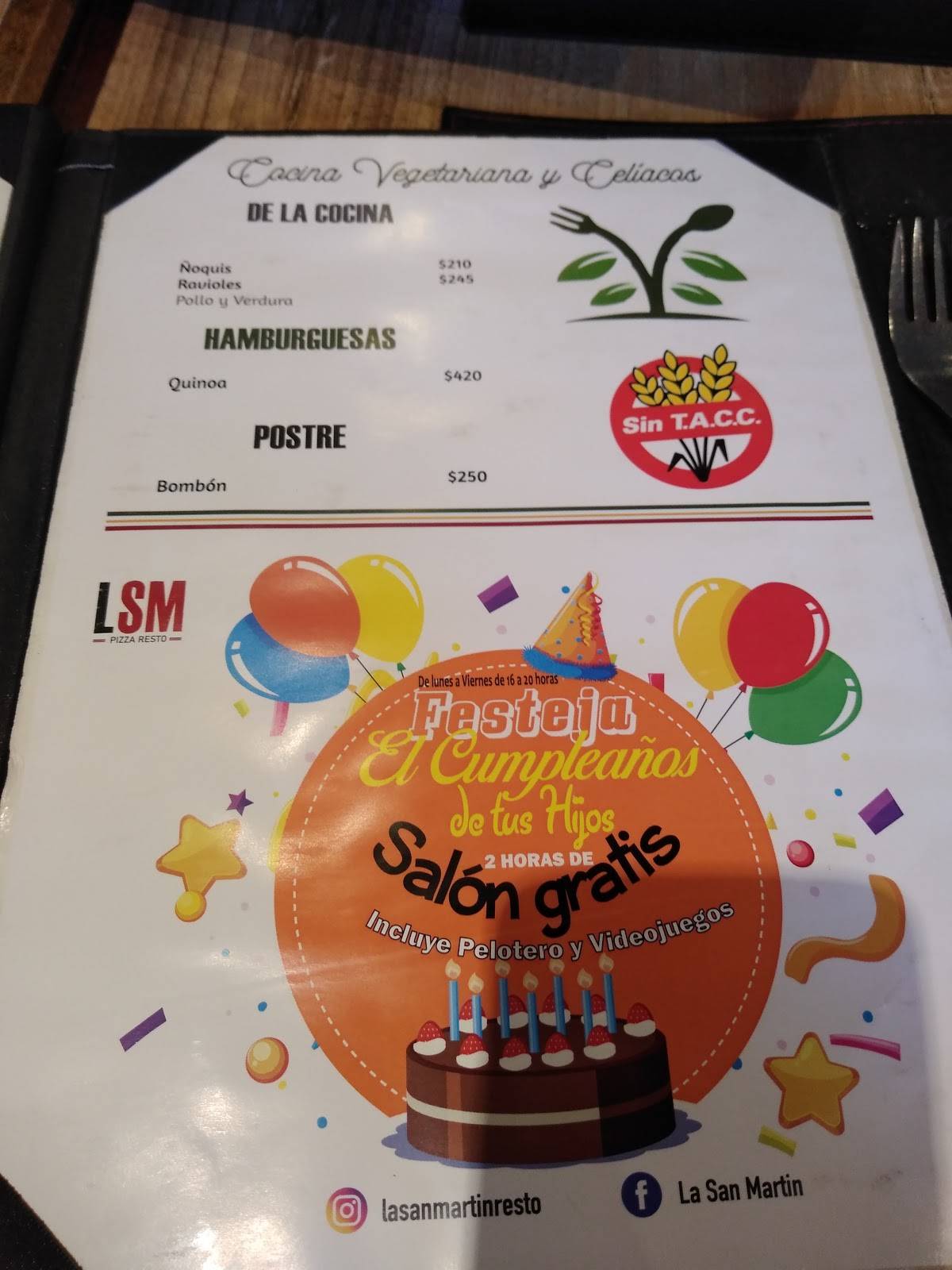 Carta del restaurante La San Martin, San Martín