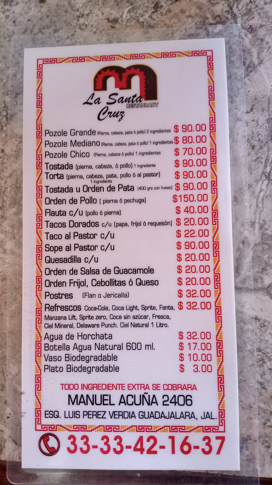 Menu at La Santa Cruz restaurant, Guadalajara, Av. Manuel Acuña 2406
