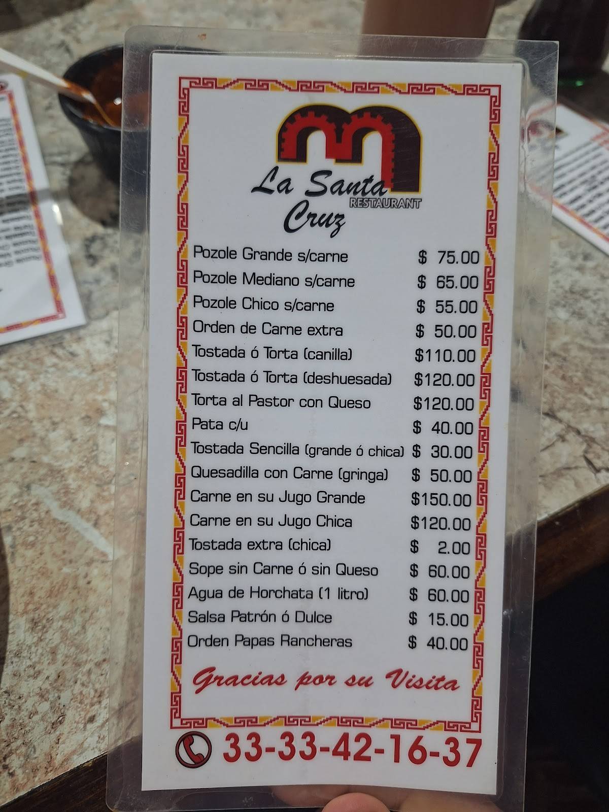 Menu at La Santa Cruz restaurant, Guadalajara, Av. Manuel Acuña 2406