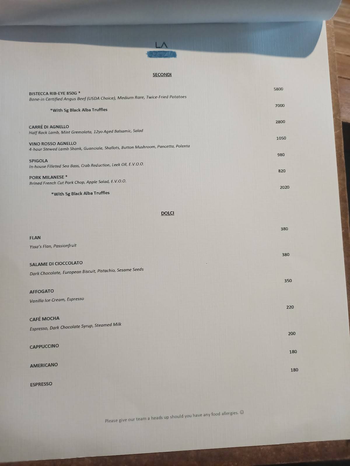 Menu at La Spezia QC restaurant, Quezon City