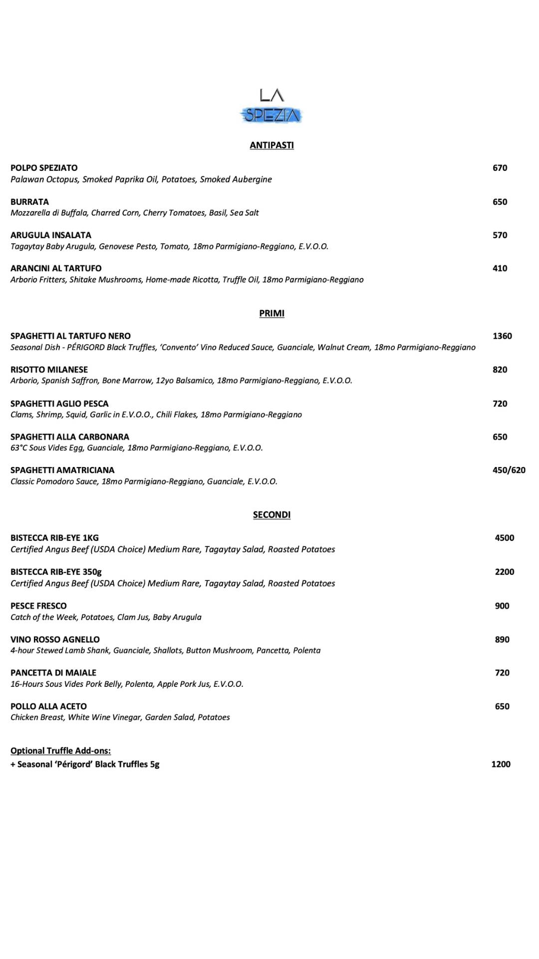 Menu at La Spezia restaurant, Quezon City