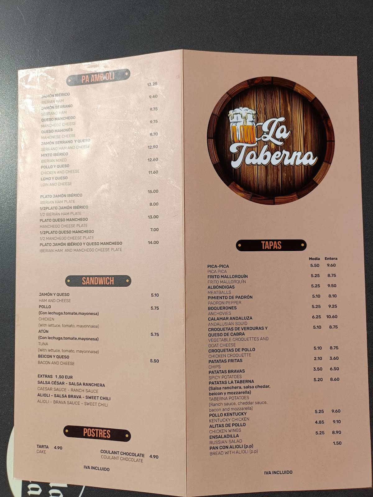 Menu at La Taberna pub & bar, Port de Pollença