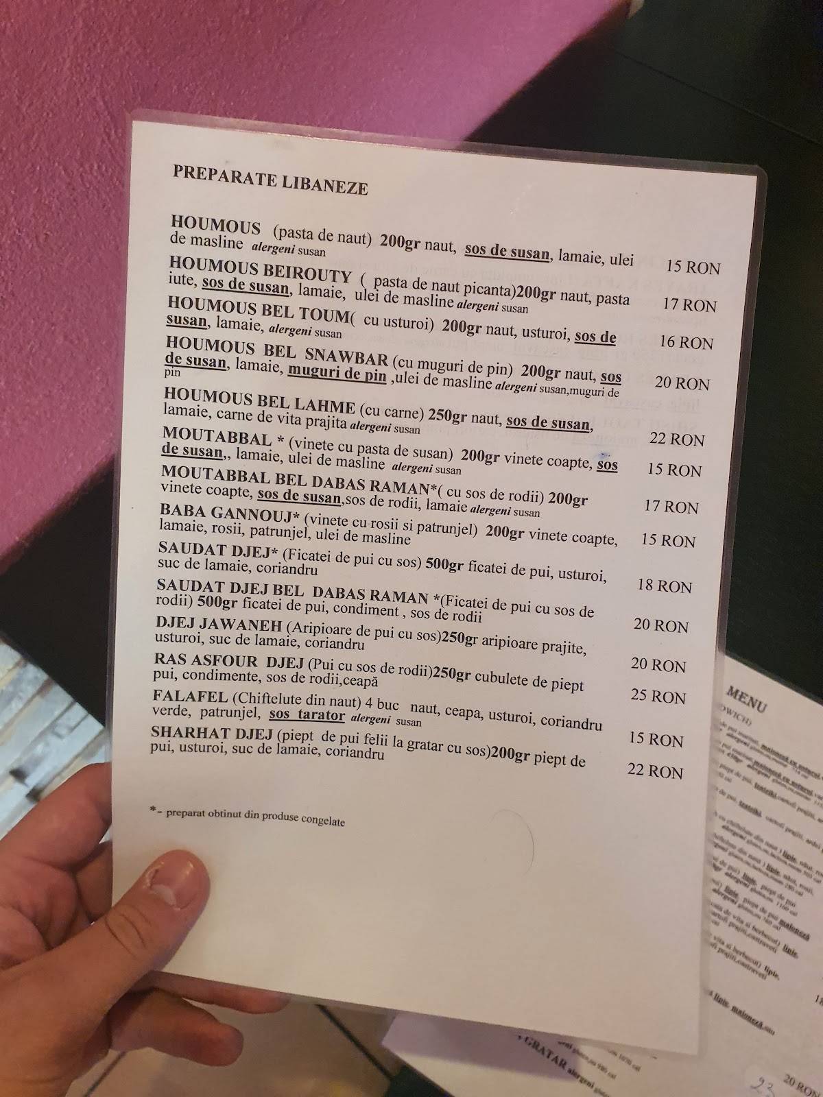 Menu at La Tamara, Constanța