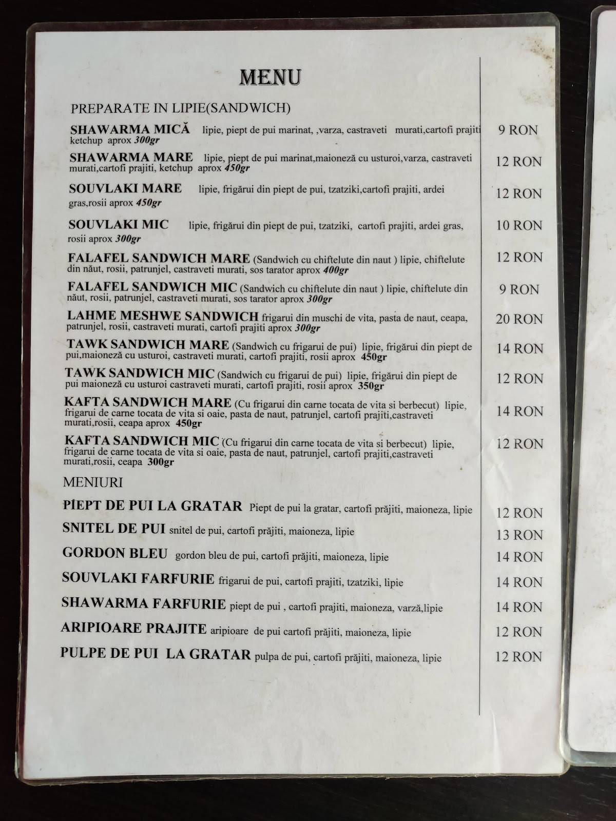 Menu at La Tamara, Constanța