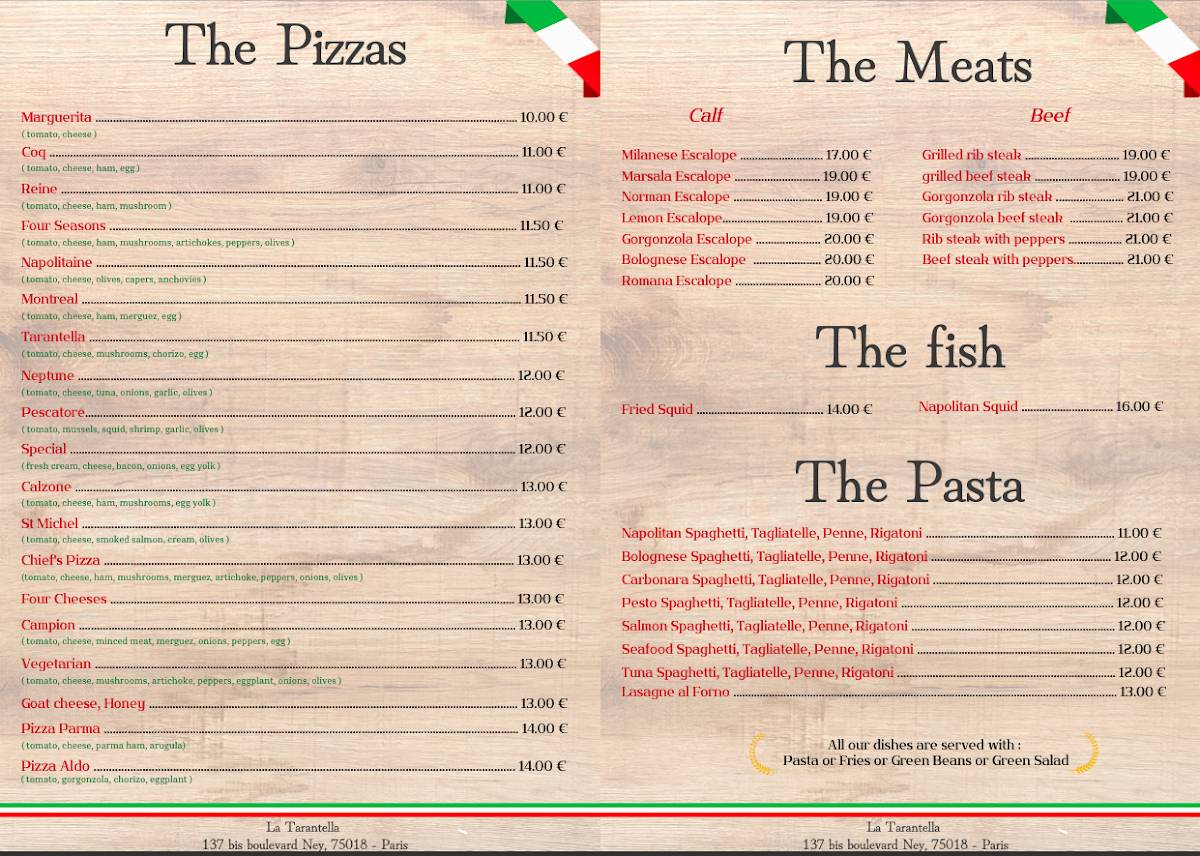 Menu at La Tarantella pizzeria, Paris