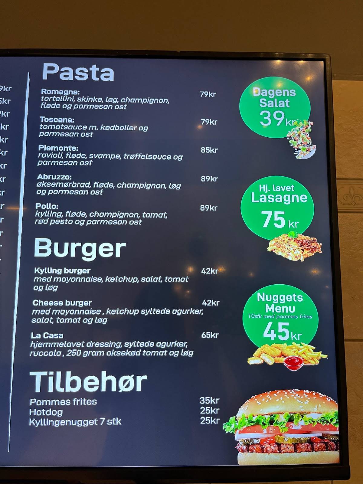 Menu au La casa pizza restaurant, Copenhague