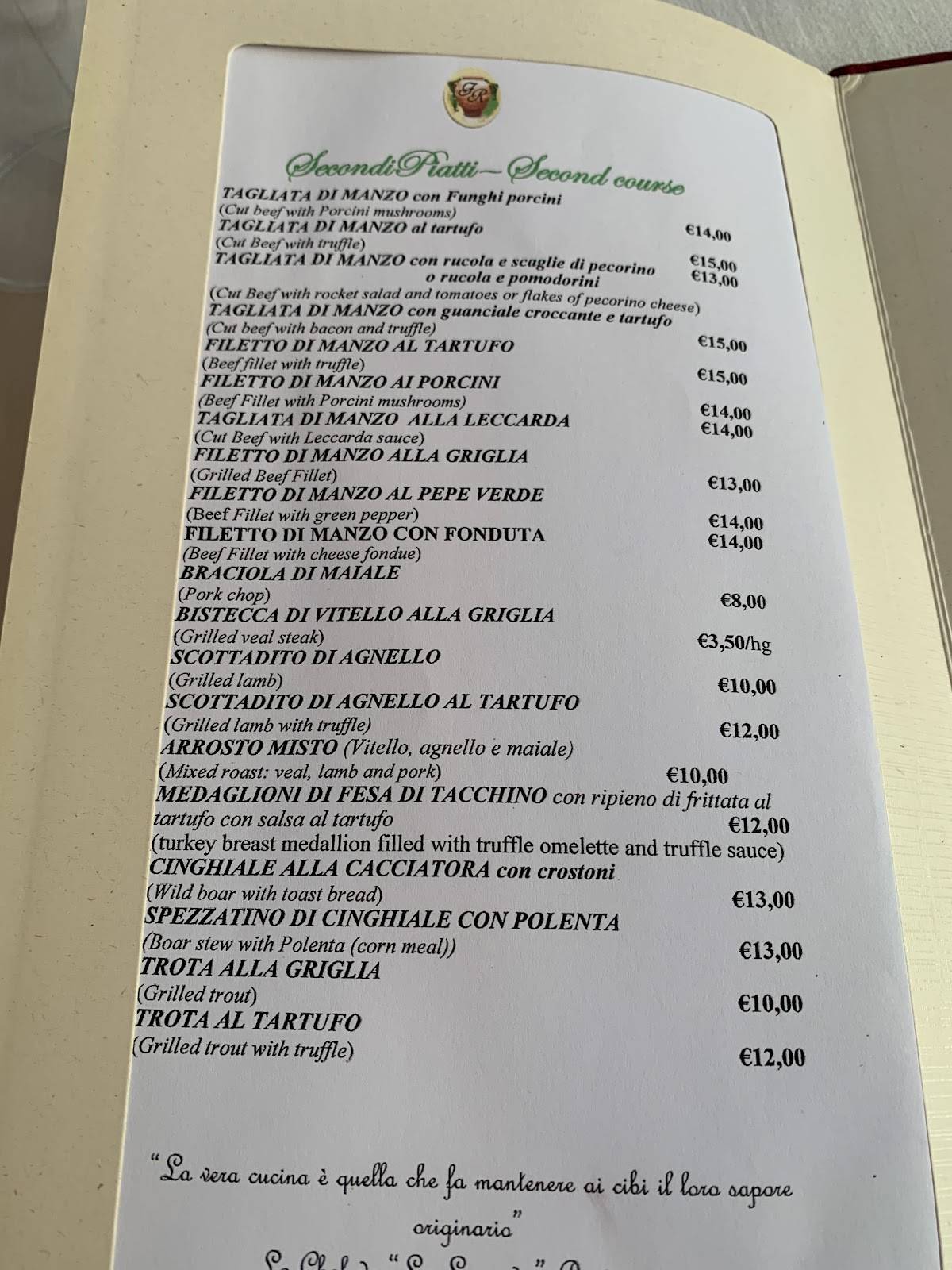 Menu da La locanda ristorante, Arrone