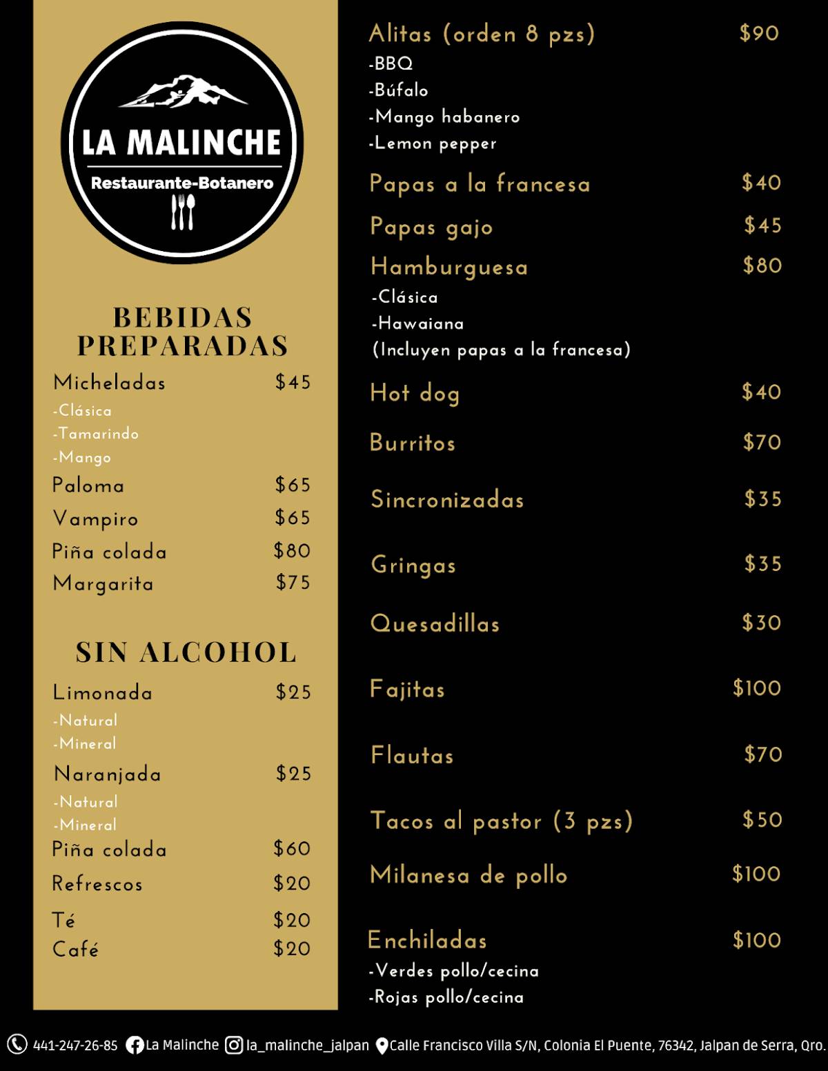 Carta de LA MALINCHE RESTAURANTE BOTANERO, Jalpan de Serra