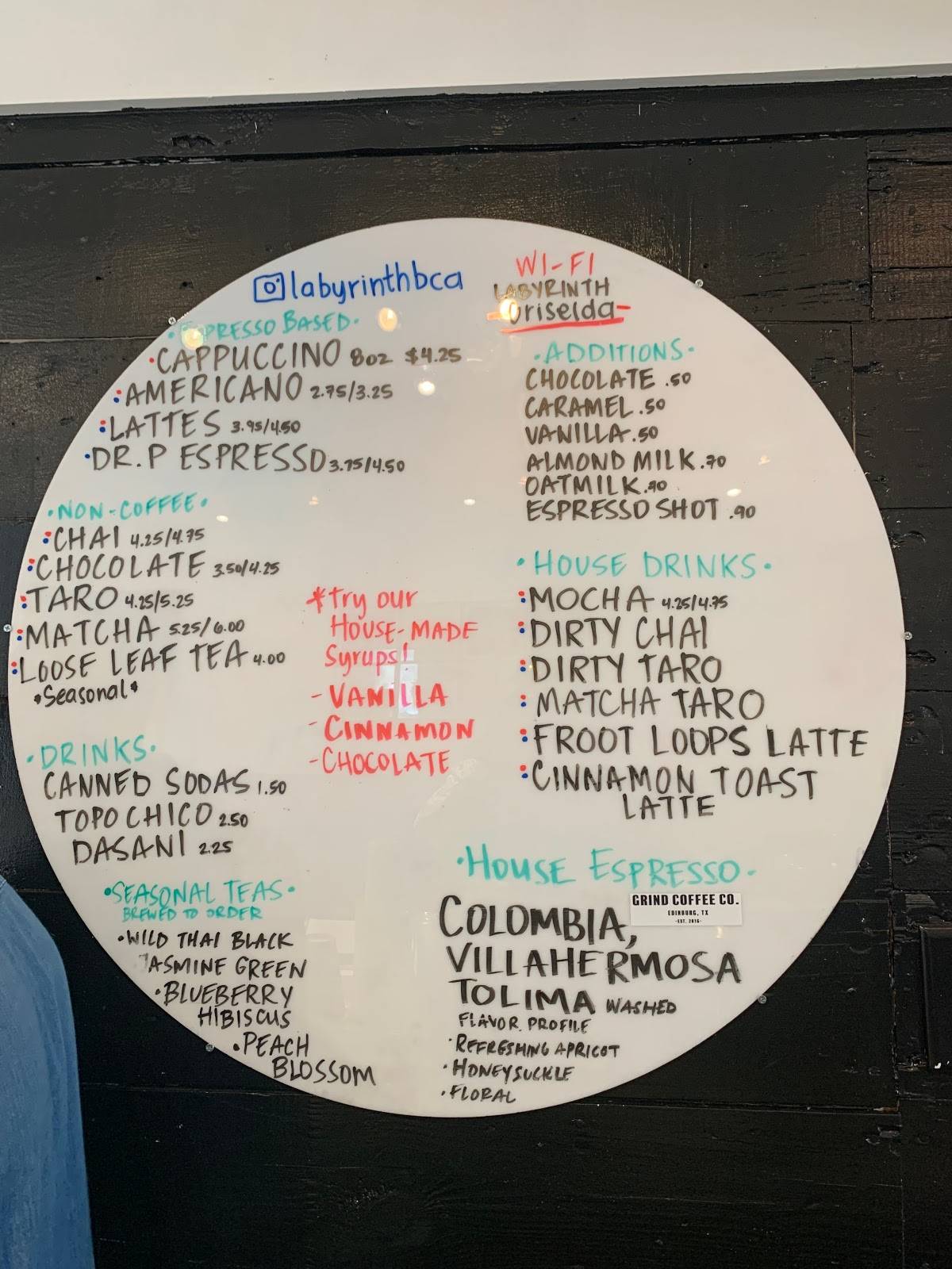Menu at Labyrinth BCA restaurant, McAllen