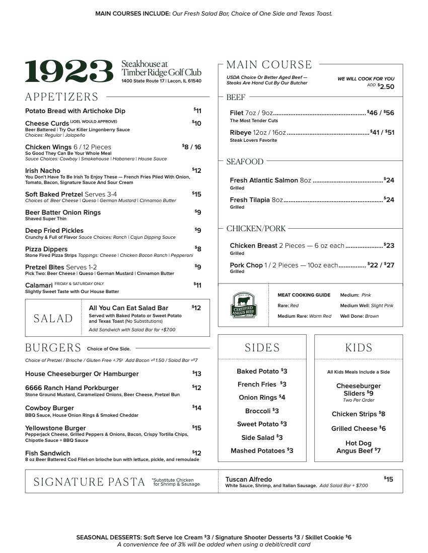 Menu at Timber Ridge Golf Club, Lacon