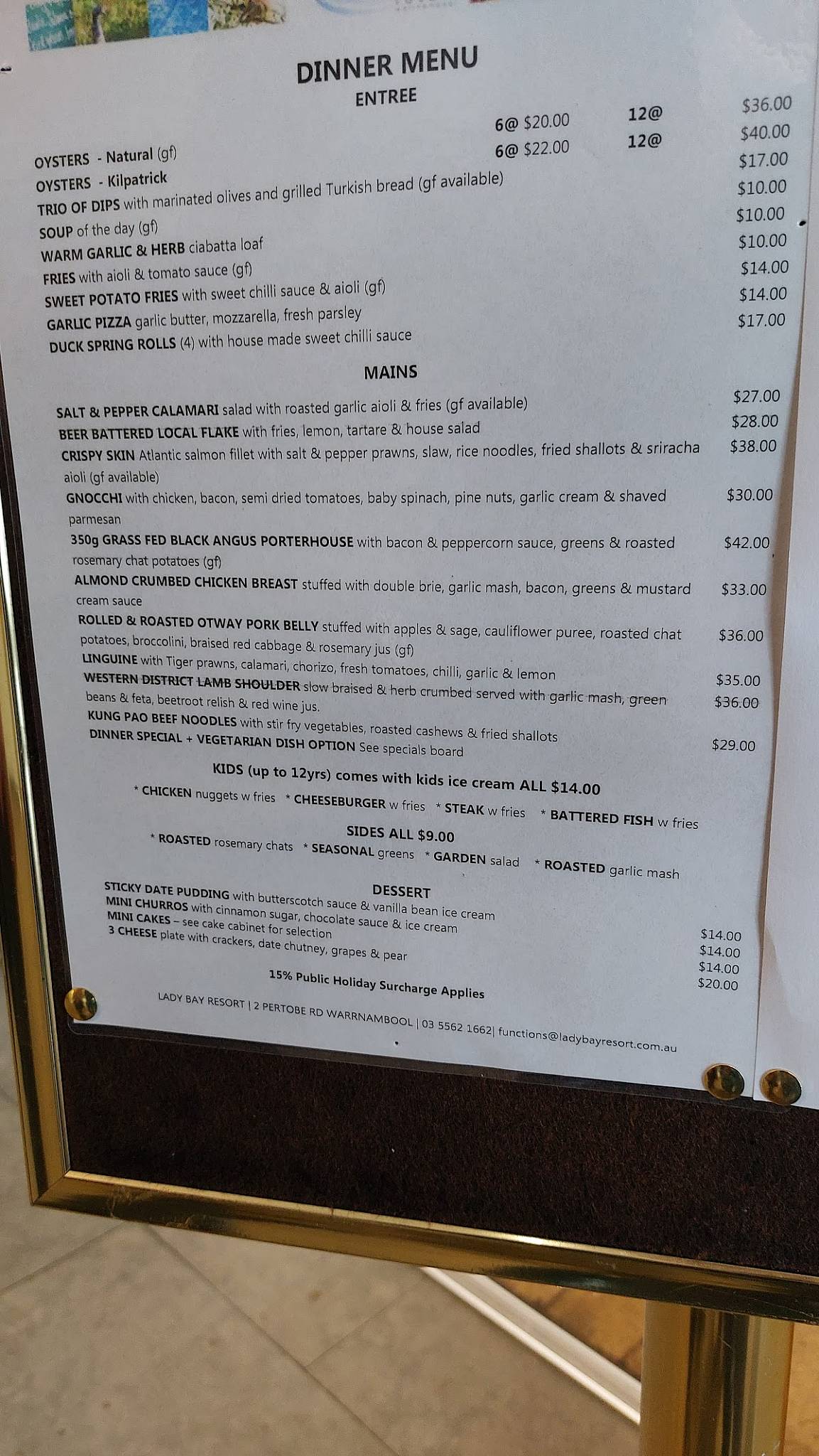 Menu at Lady Bay Resort Restaurant & Bar, Warrnambool